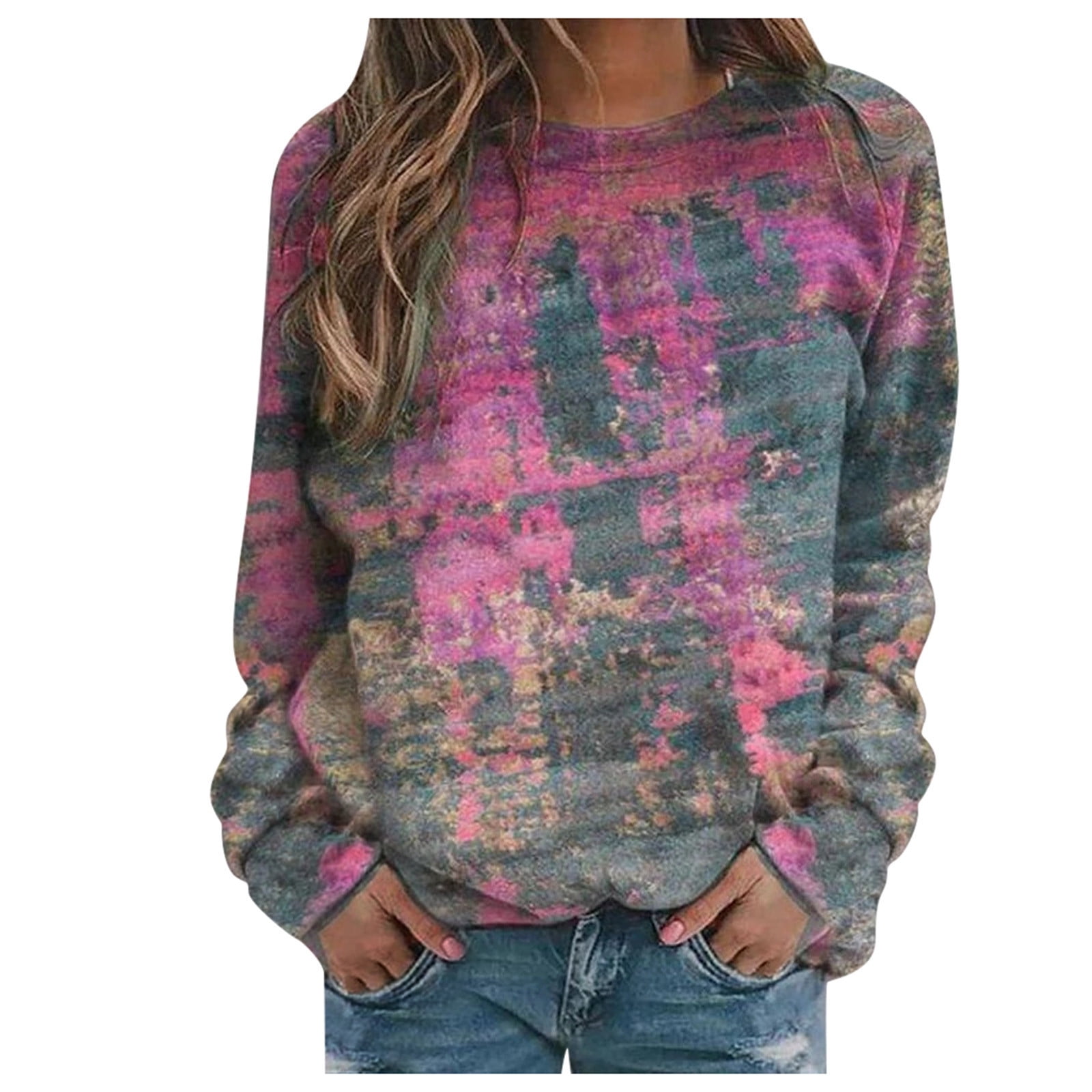 Oalirro Graphic Print Womens Long Sleeve Tops Dressy Casual Crew Neck ...