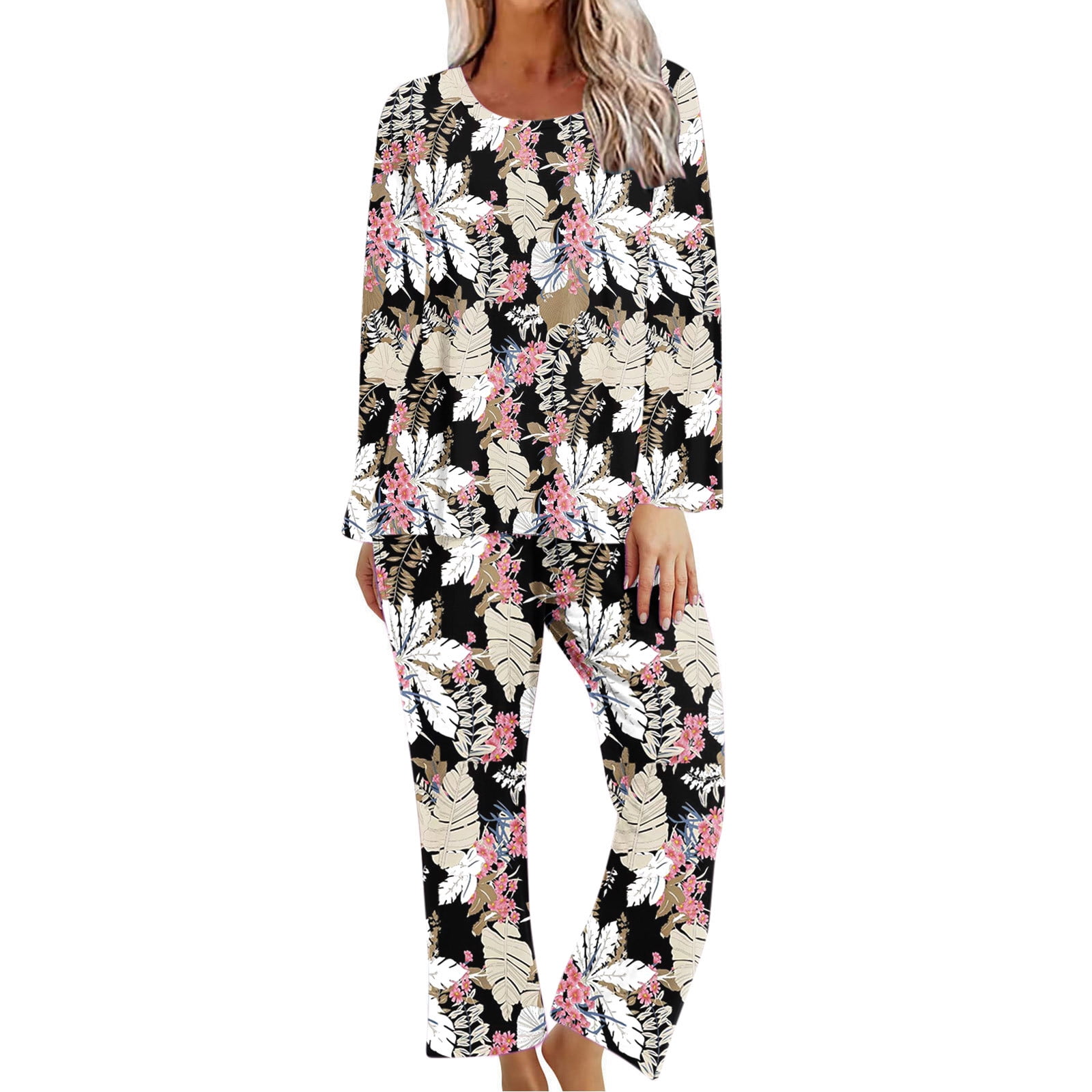 Oalirro Ladies Pajamas Sets Casual Long Sleeve Top with Long Pants ...