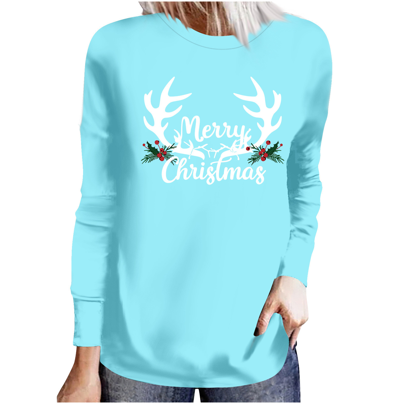 Oalirro Ladies Round Neck Long Sleeve Top for Women Christmas Elk Horn ...
