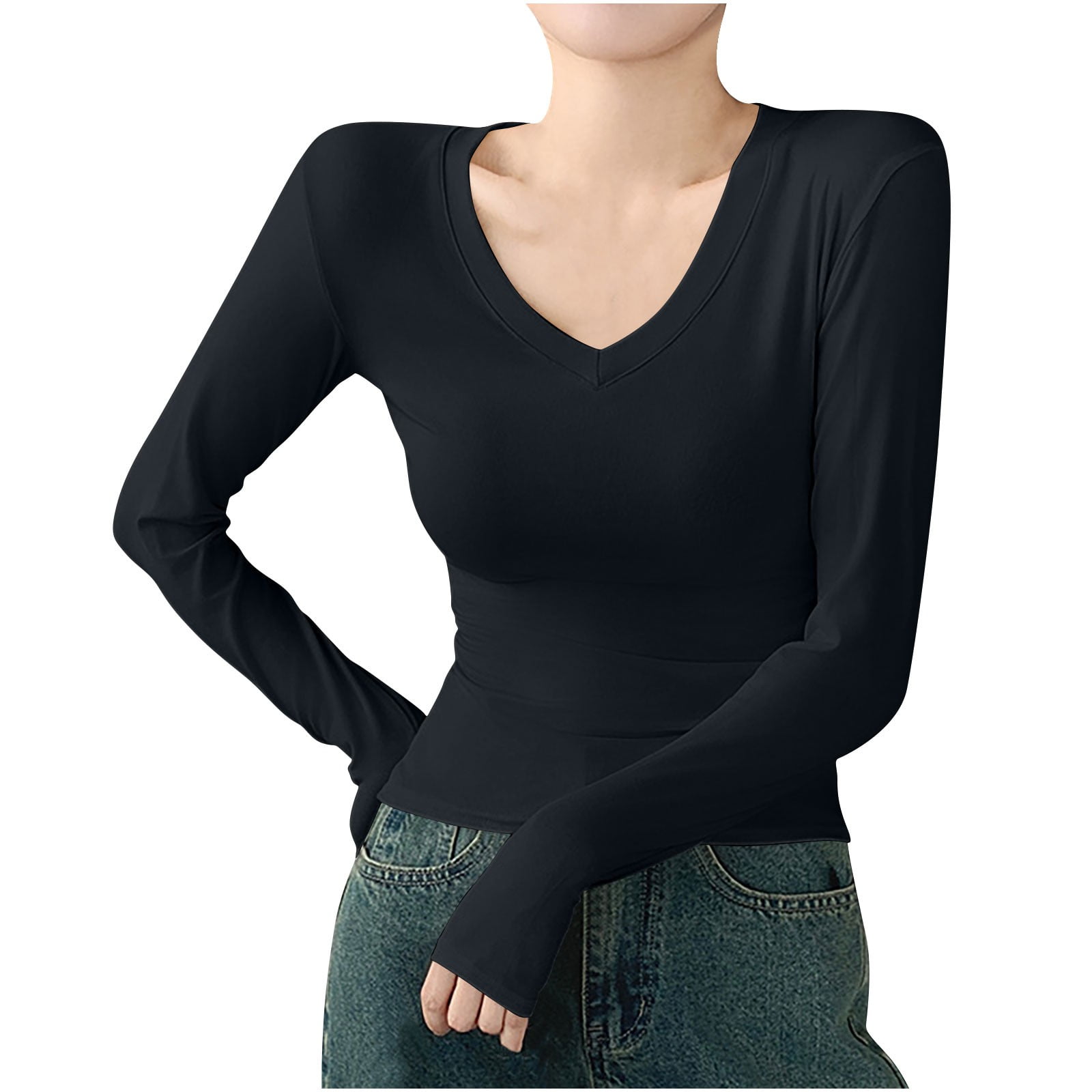 Oalirro Long Sleeve UnderShirts for Women Casual Soft V Neck Ribbed ...