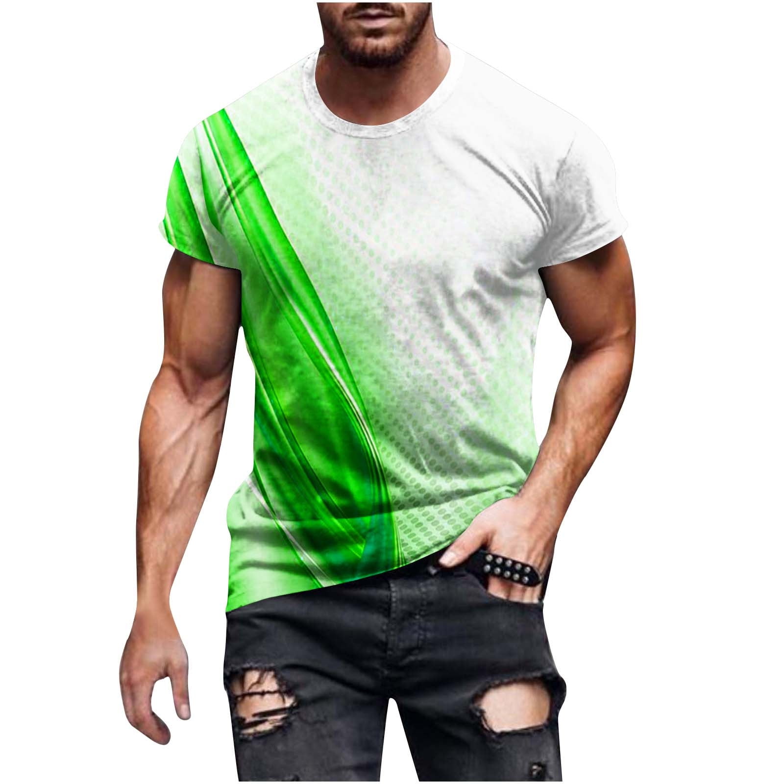 Oalirro Men's Gradient Print Striped Trim Tee Tops Short Sleeve Crew ...