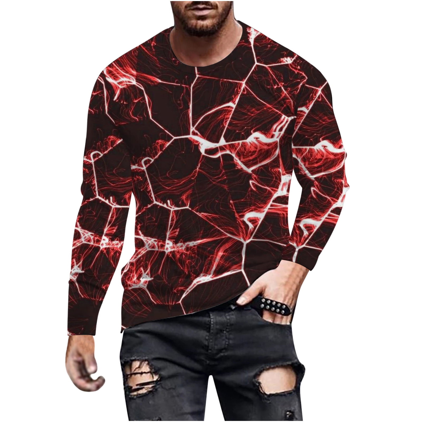 Oalirro Men's Graphic T-Shirts Loose Fit Long Sleeve Round Neck Men's Shirts Graphic Tees Red ...