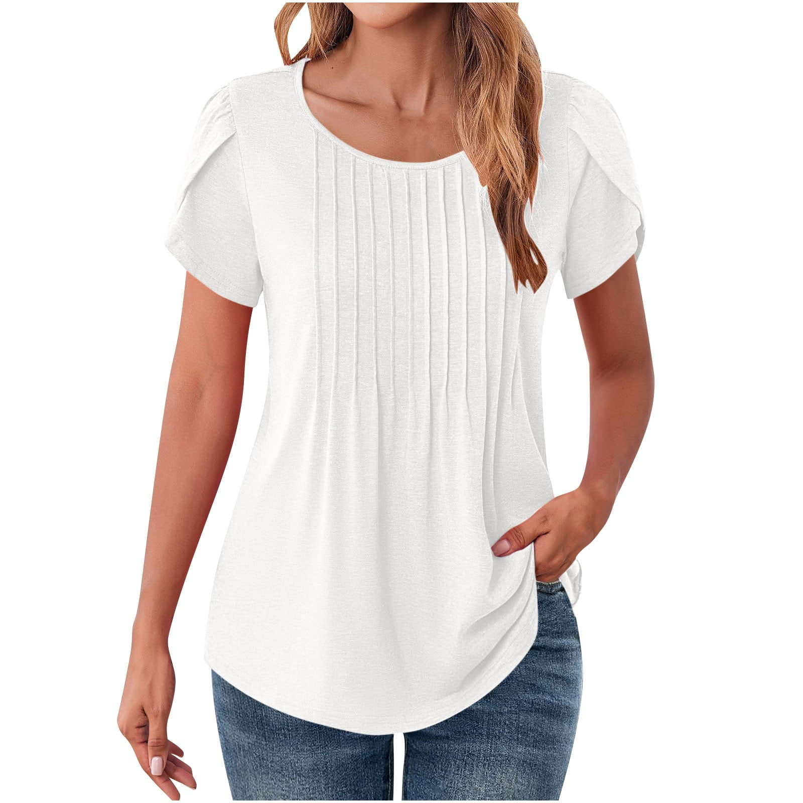 Oalirro Petal Short Sleeve Top for Women Summer Casual Crew Neck Shirts ...