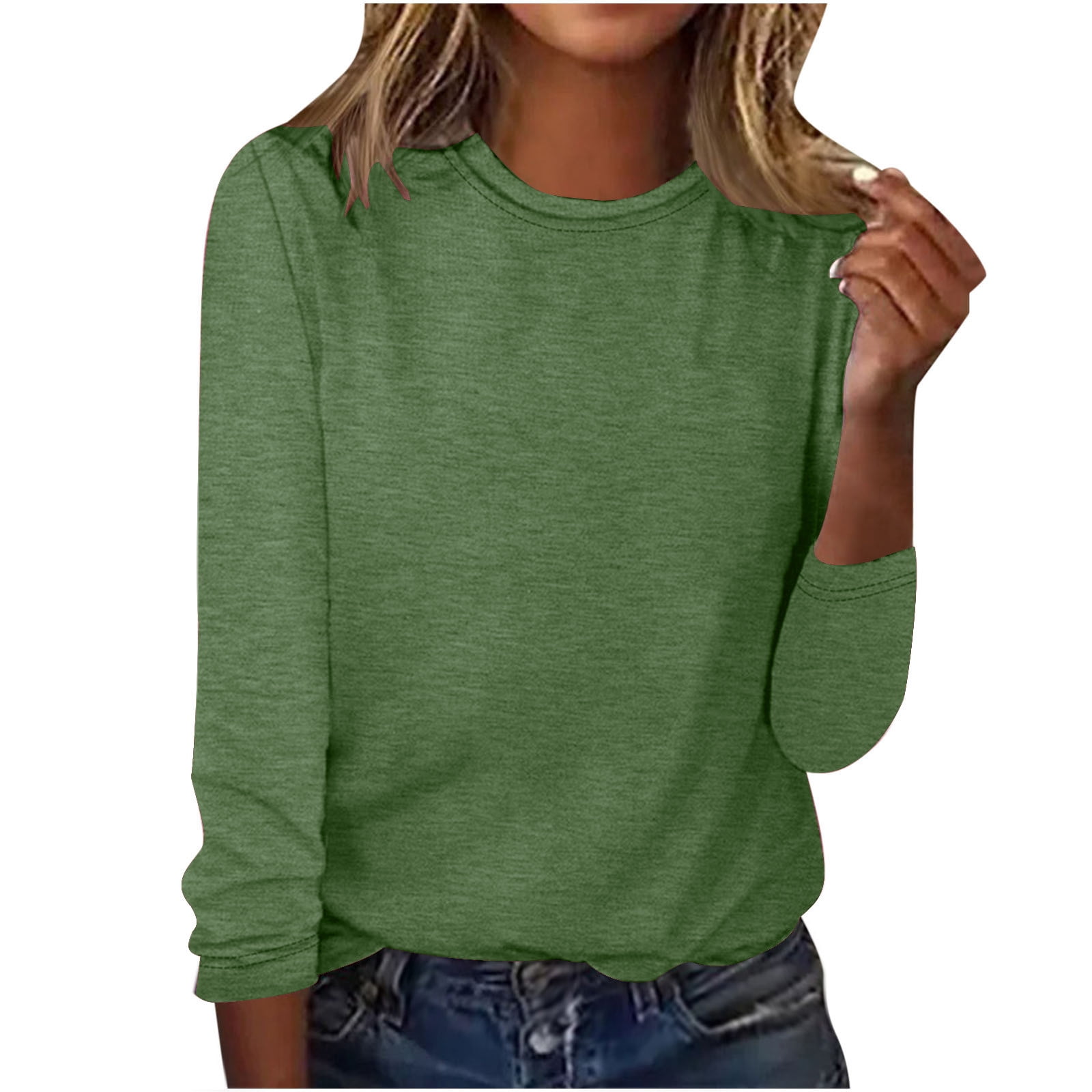 Oalirro Polyester Long Sleeve Shirts for Women Solid Crew Neck Womens ...
