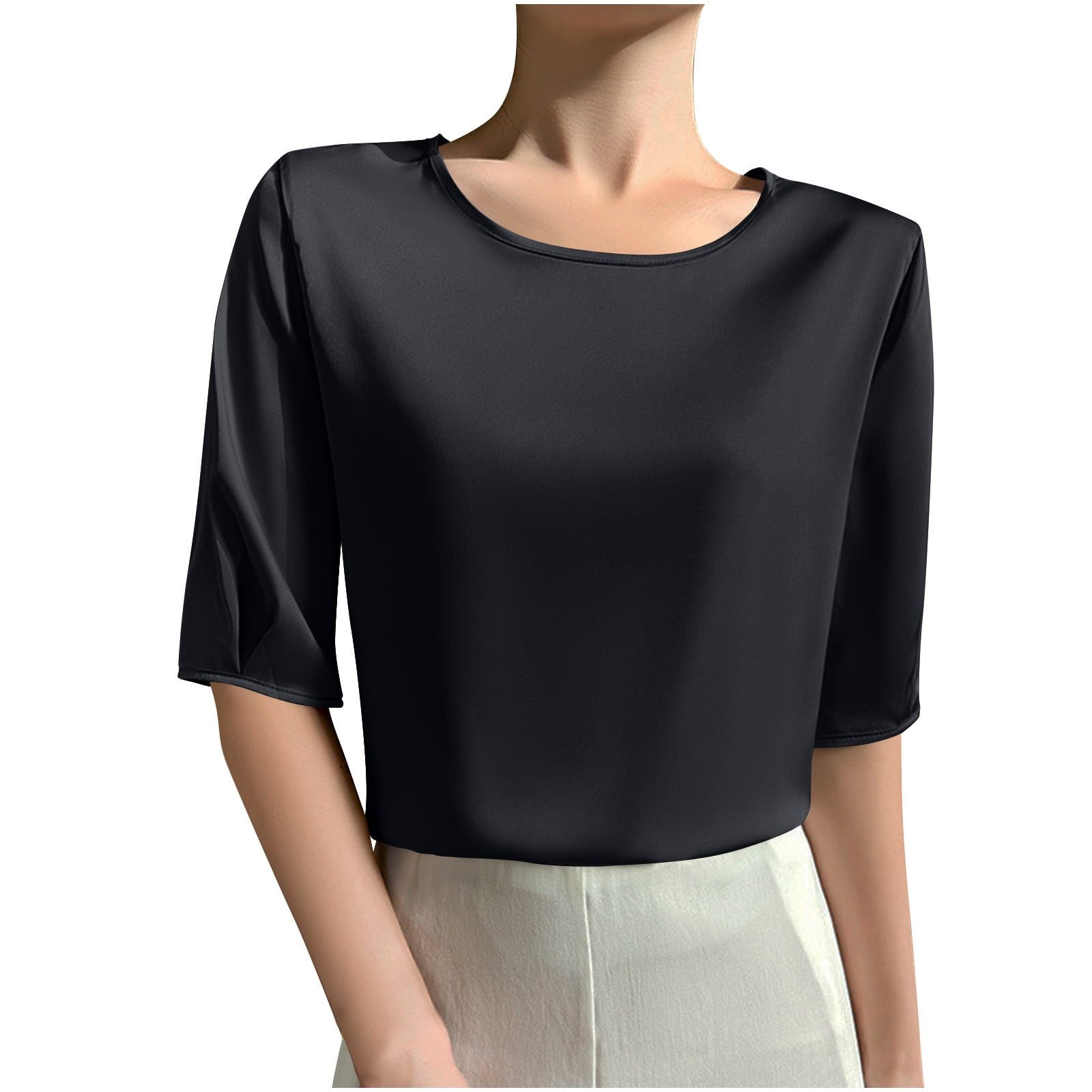 Oalirro Silk Blouse for Women L Short Sleeve Dressy Tops Satin Blouse ...