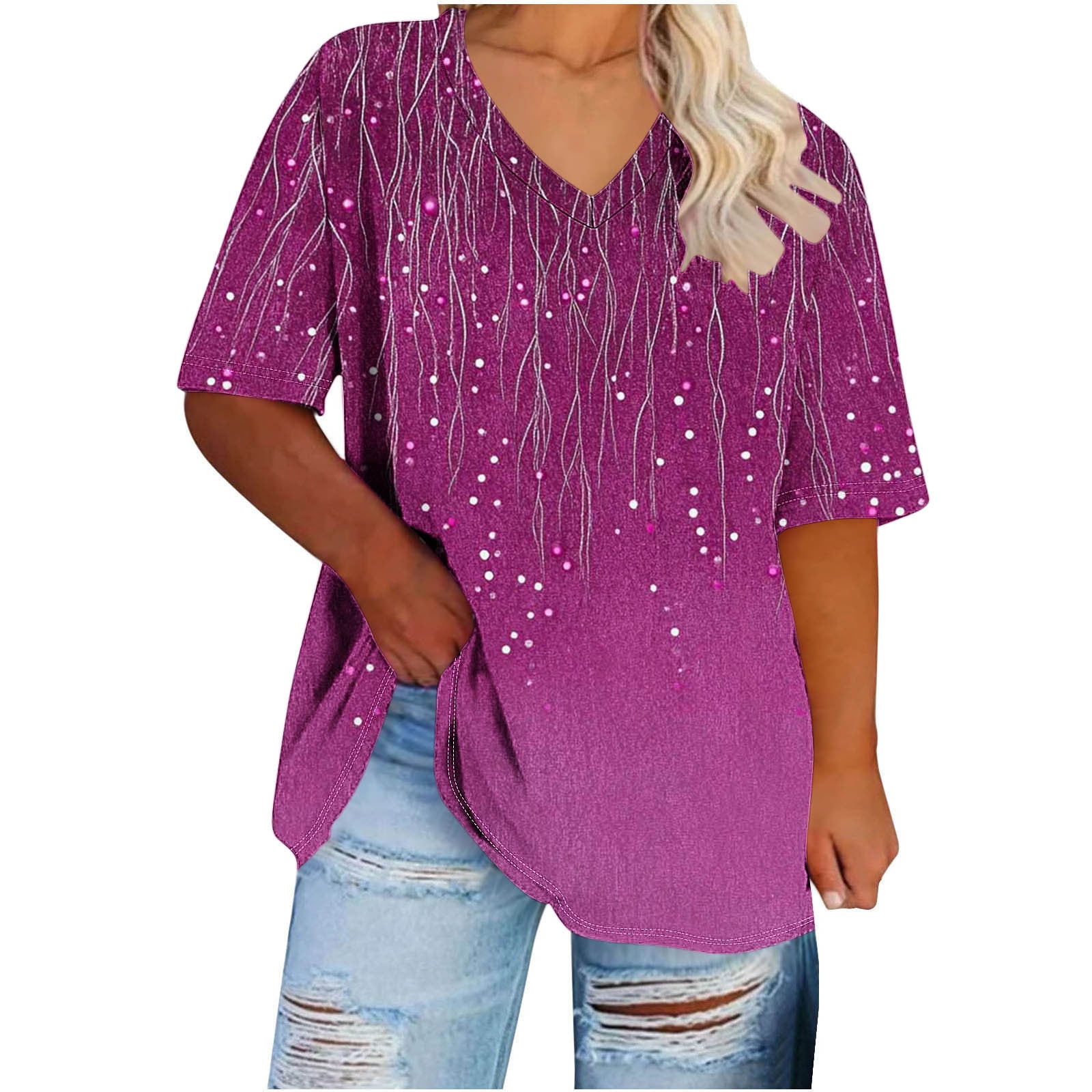 Oalirro Silver Plus Size Sequin Blouse for Women Short Sleeve Dressy ...