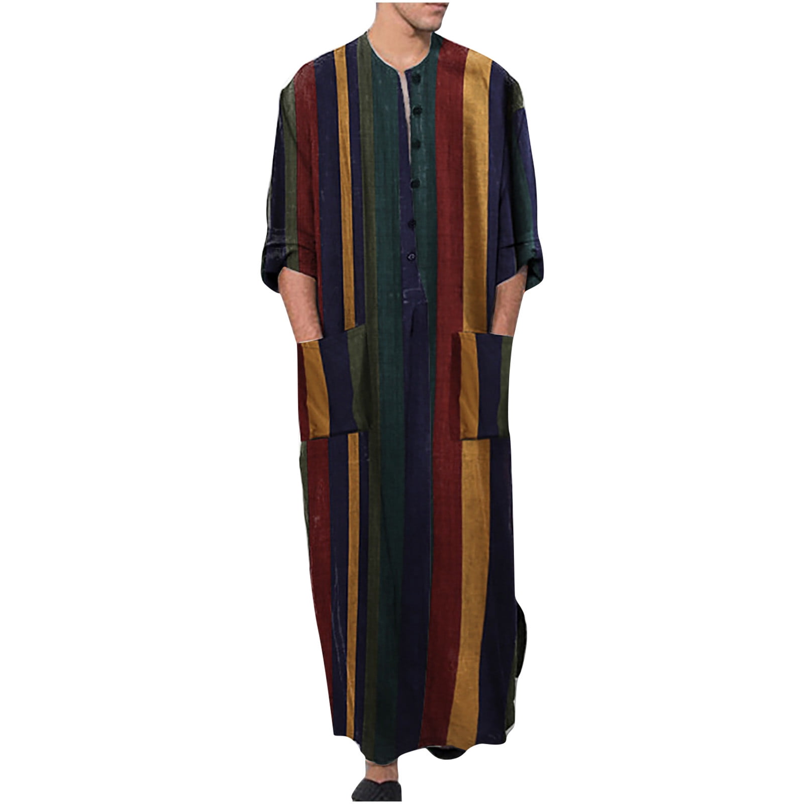 Oalirro Stripe Robe Men Long Sleeve O-Neck Muslim Gown Arabic Yellow L ...