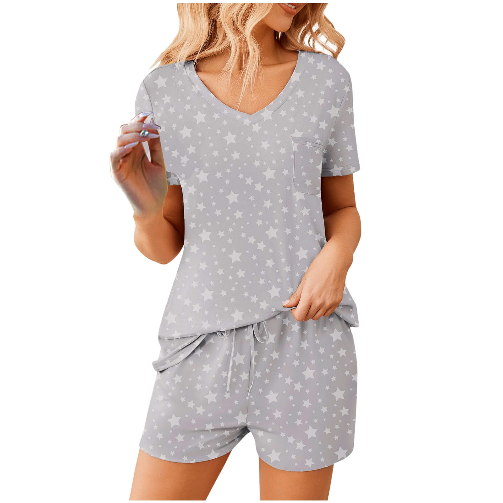 Oalirro Summer Pajamas for Women Casual Short Sleeve Top with Shorts ...