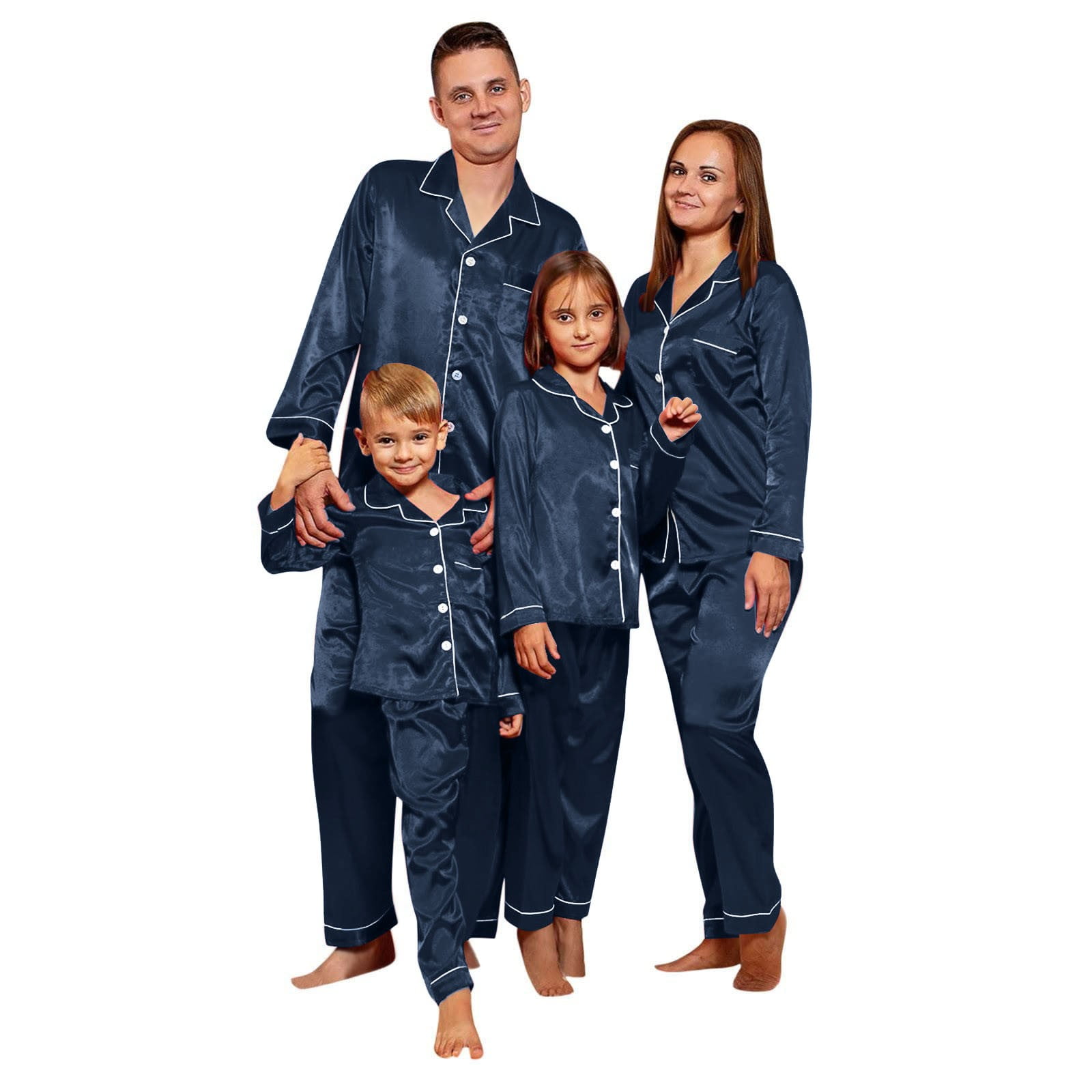 Oalirro Two Piece Navy Family Matching Silk Satin Pajamas Button Down ...