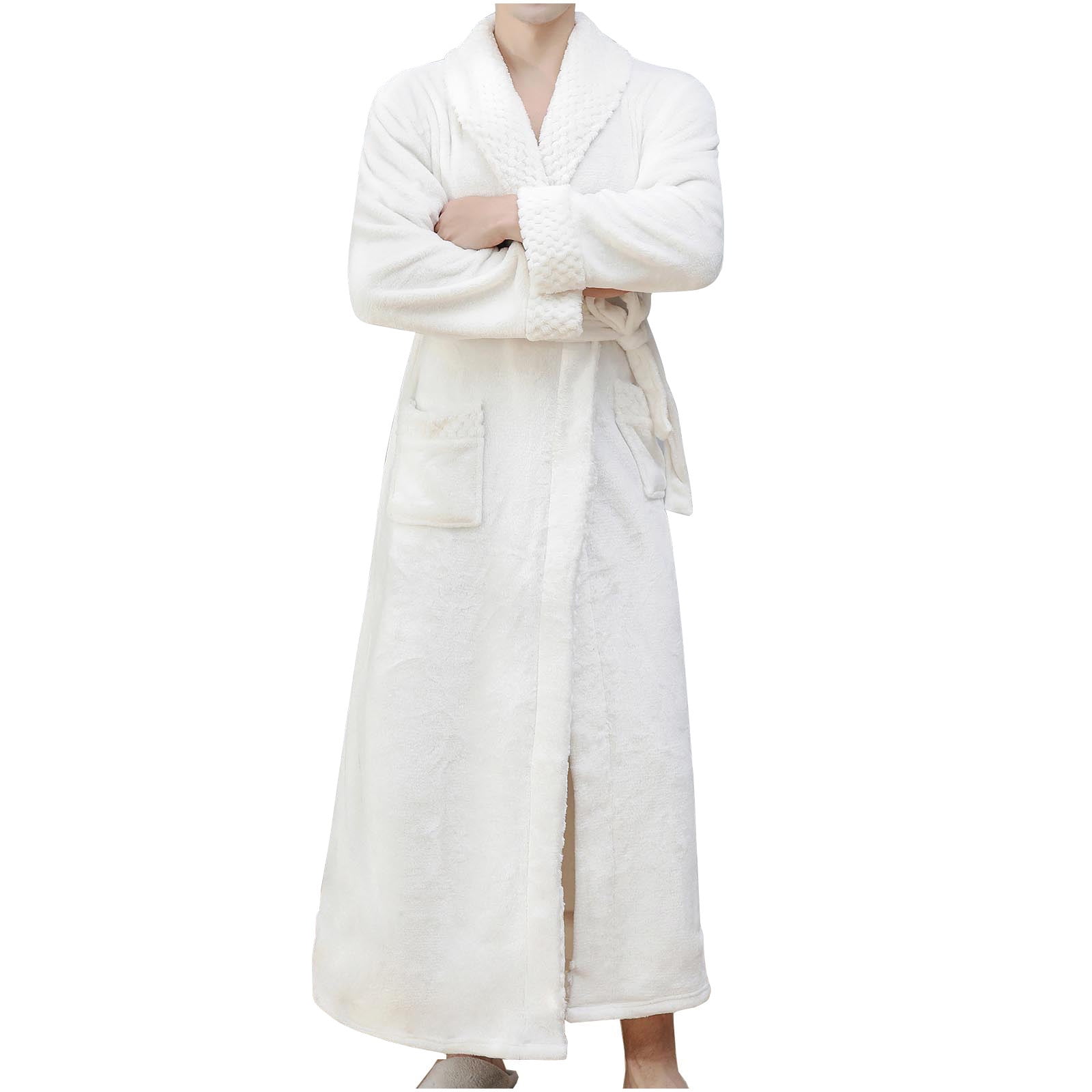 Oalirro White Mens Soft Fleece Bathrobe Men Thicken Cozy Robes Long Warm Lounge Robes