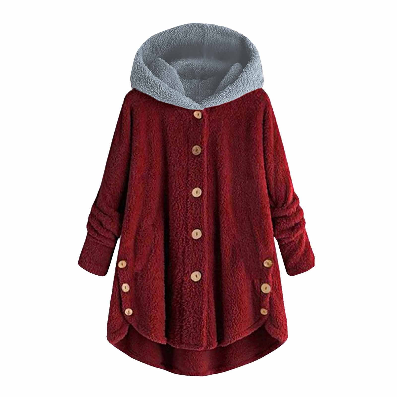 Oalirro Winter S-A3 Women Plus Size Button Plush Hooded Coat Winter ...