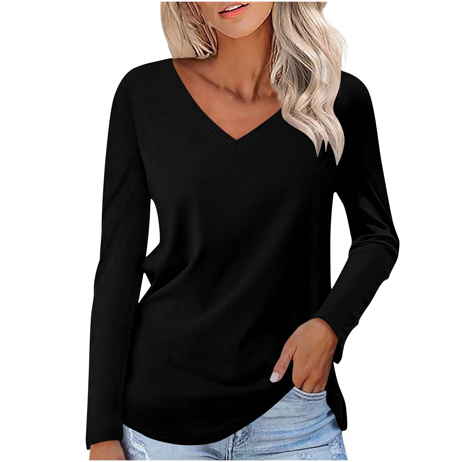 Oalirro Women's V Neck Long Sleeve T Shirts Casual Solid Color Tunic ...