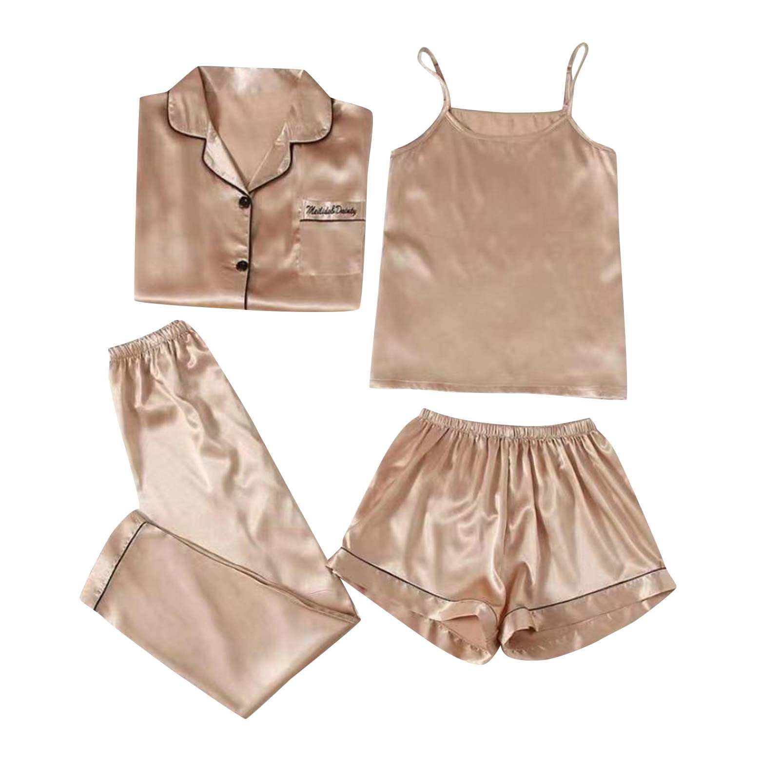 Oalirro Womens 4pcs Pajamas Sets Silk Satin Pjs Set Cami With Short