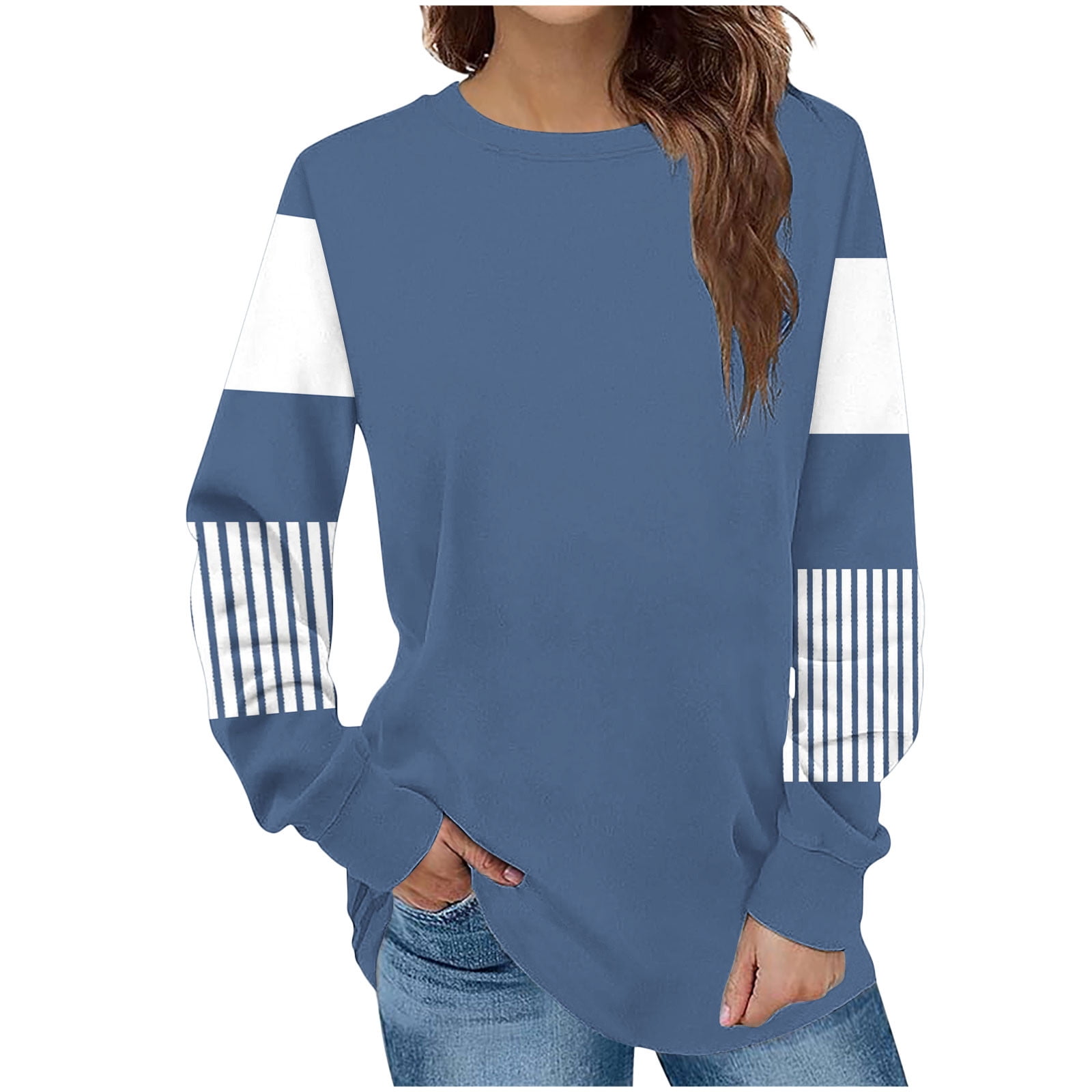 Oalirro Womens Fashion Top Casual Solid Crewneck Long Sleeve Shirts ...
