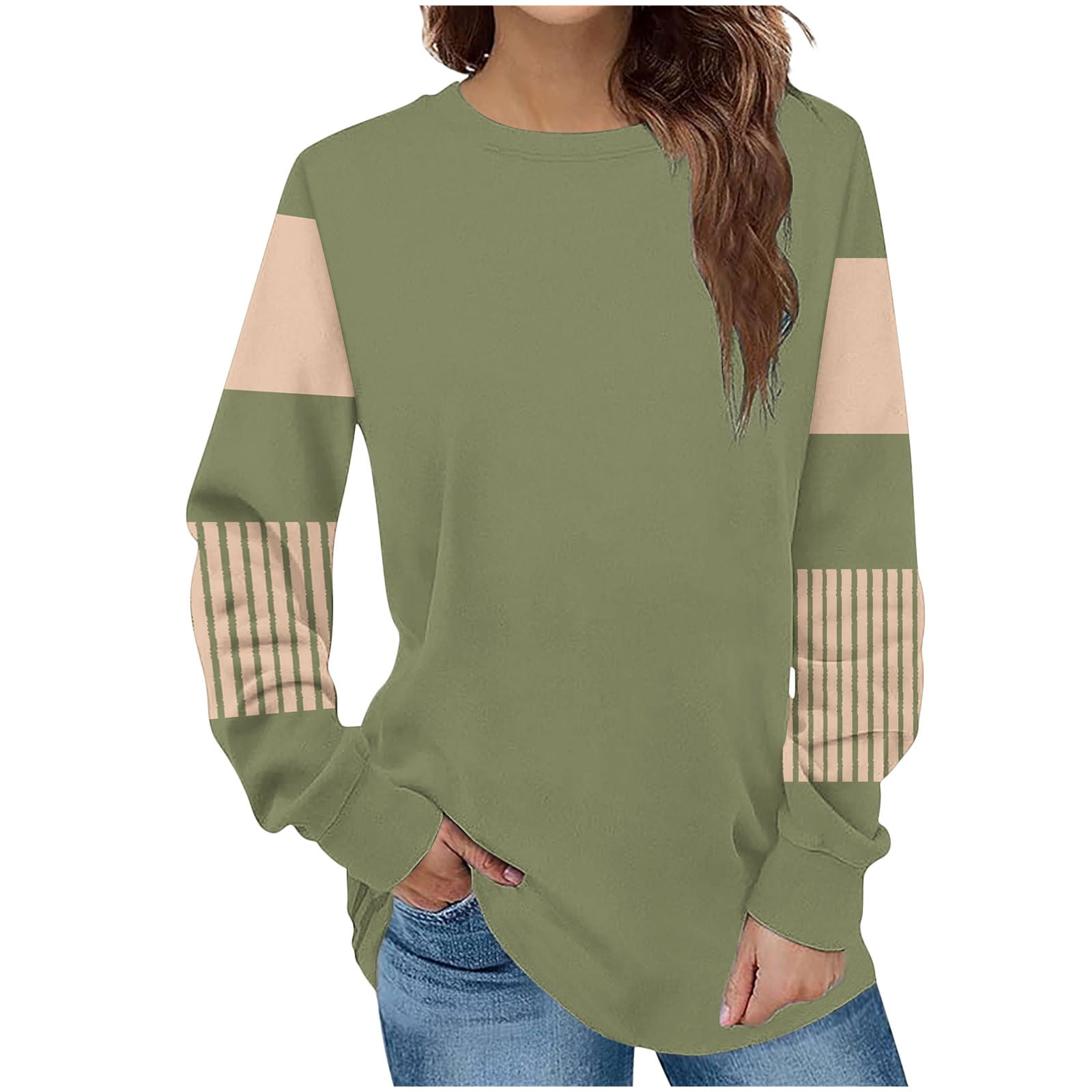 Oalirro Womens Fashion Top Casual Solid Crewneck Long Sleeve Shirts ...