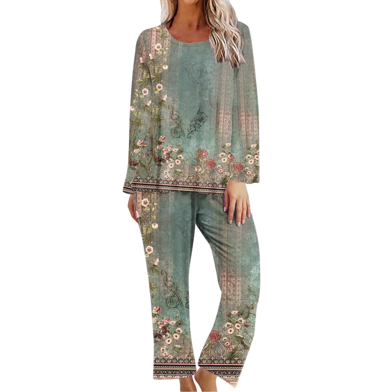 Oalirro Womens Pajamas Set Casual Long Sleeve Top with Long Pants ...