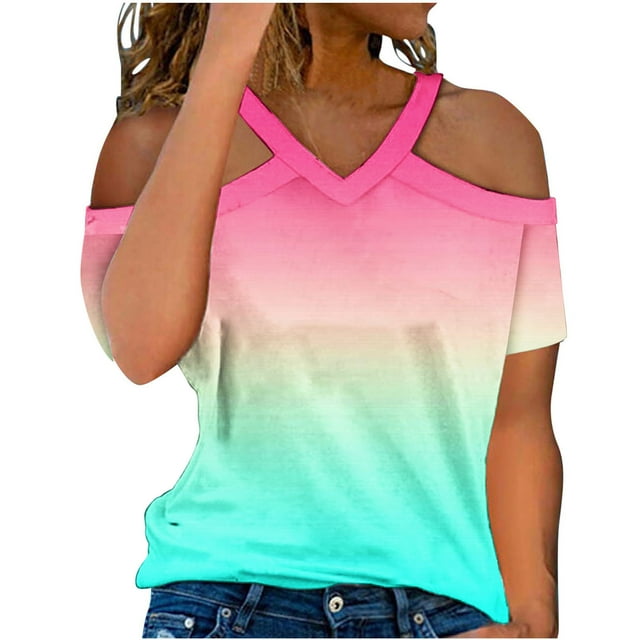 Oalirro Womens Summer Round Neck Off The Shoulder Tops Casual T Shirts ...