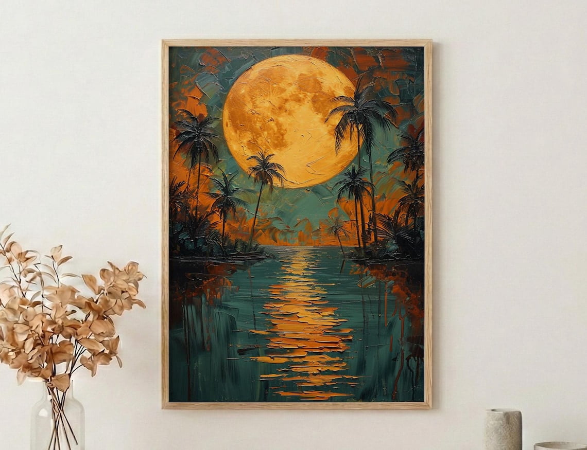 Oasis Desert Landscape Palm Tree Impasto Moonlit Water Serene Nature ...