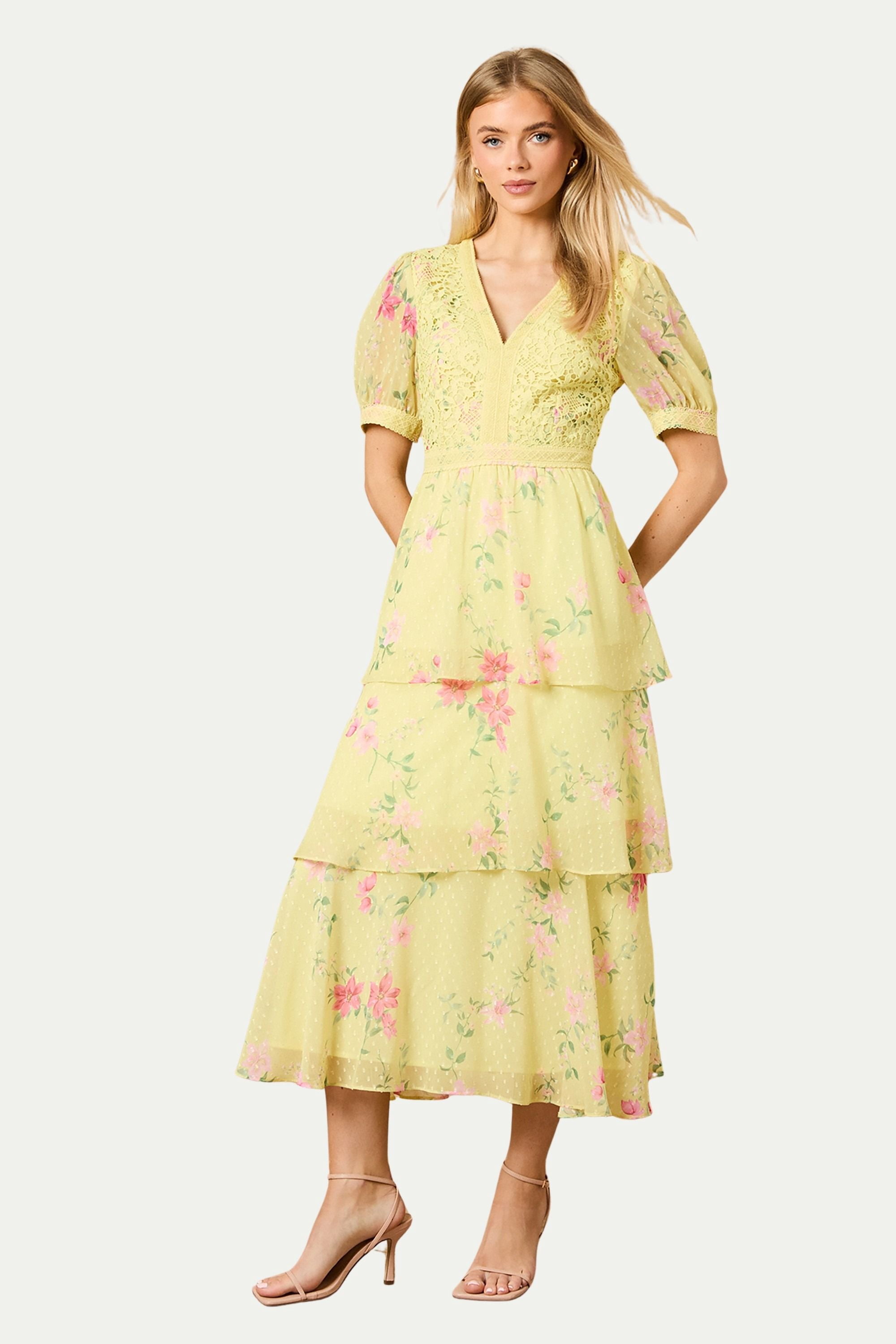 Oasis Lace Bodice Tiered Midi Dress - Yellow, 10 - Walmart.com