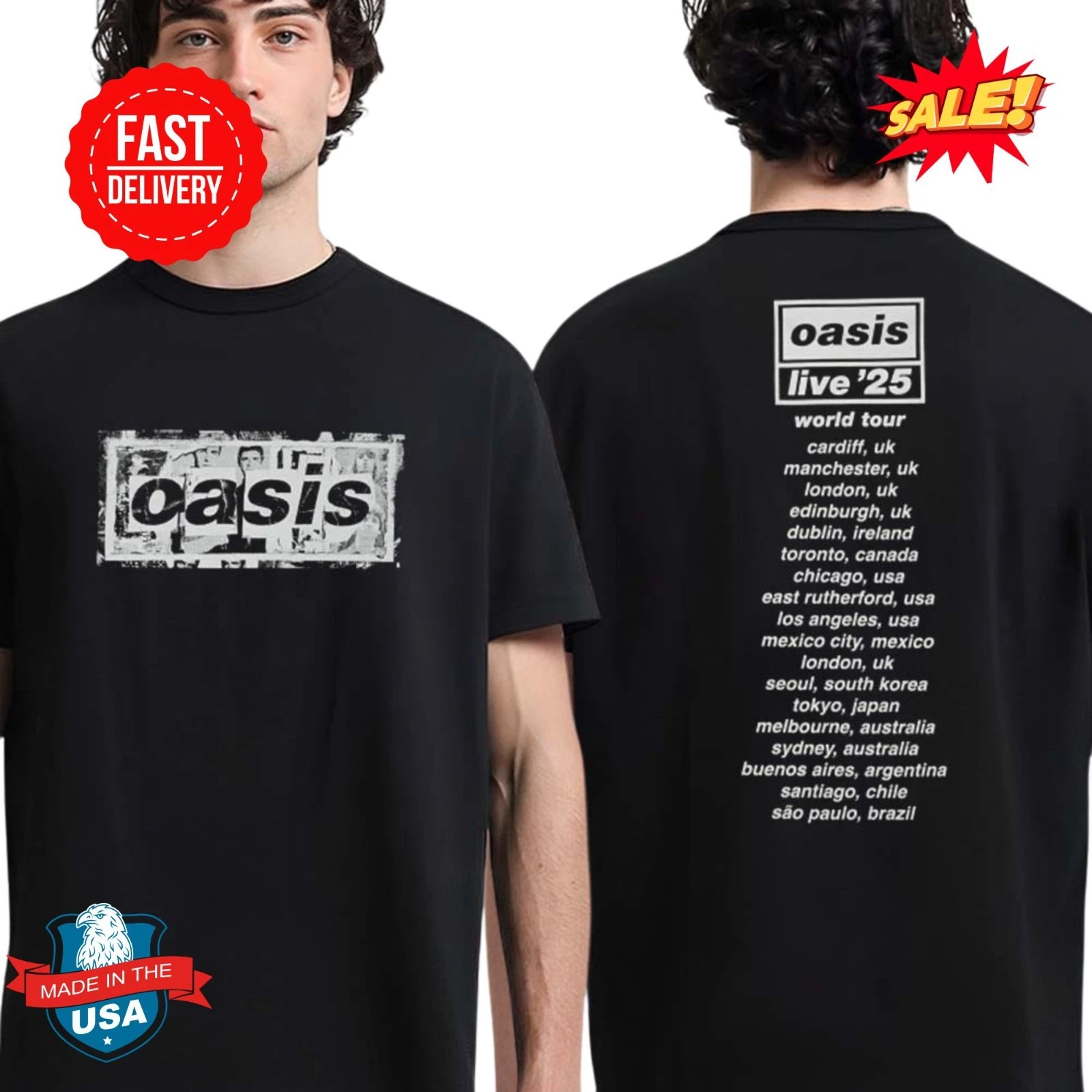 Oasis Live 25 World Tour Box Logo UK Design With Tour Dates Tee, Oasis ...