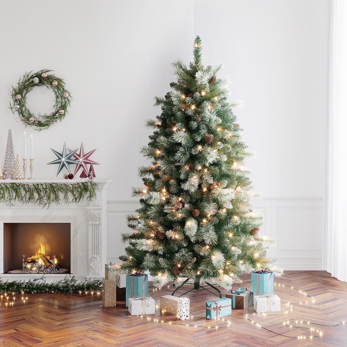 OasisCraft 4.5FT Pre-Lit Snowy Aspen Spruce Christmas Tree, Flocked ...