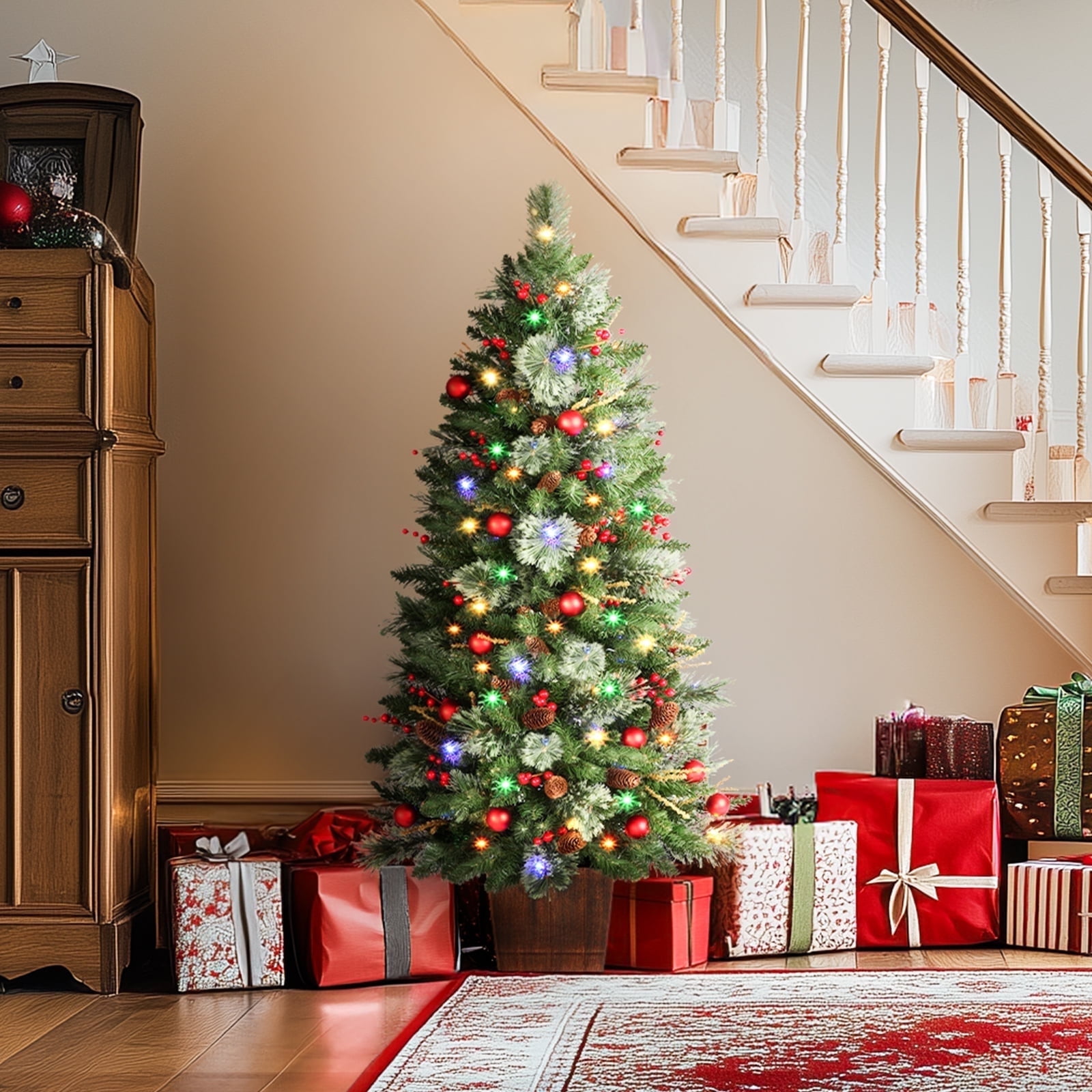 OasisCraft 4FT Pre-Lit Christmas Tree Outdoor with Pine Cones & Red ...