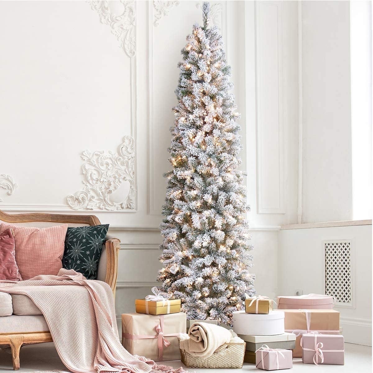 OasisCraft 6.5ft Pre-lit Indoor Snow Flocked Pencil Christmas Tree ...