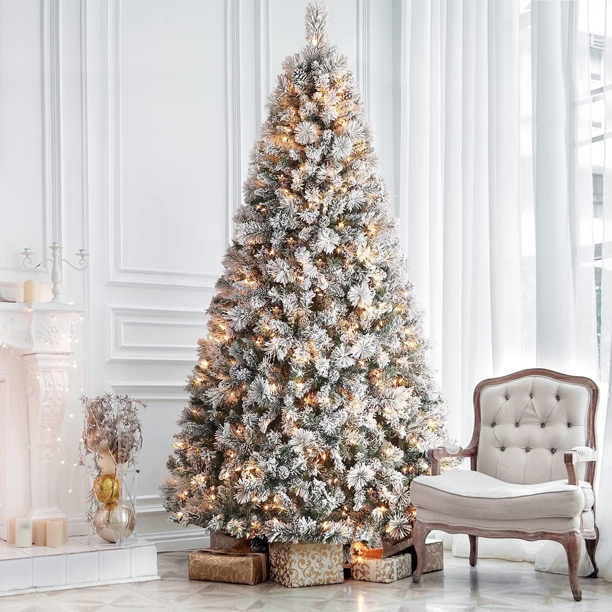 OasisCraft 7.5ft Pre-Lit Flocked Christmas Tree with Warm Lights, Pine ...