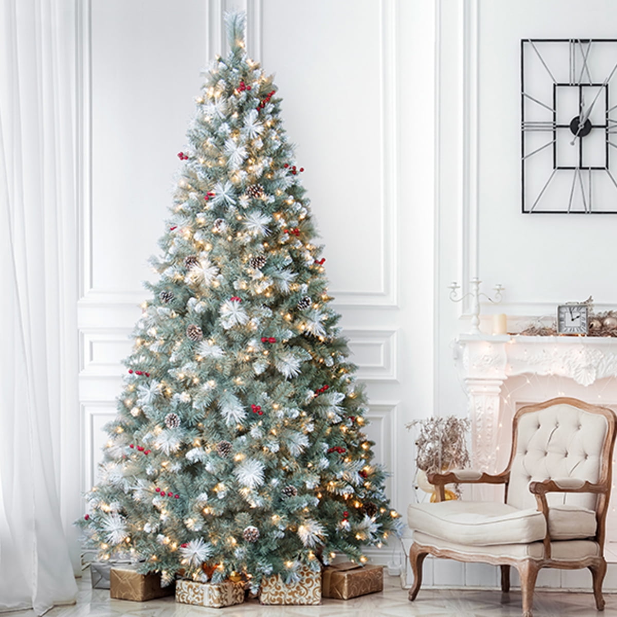 OasisCraft 7.5ft Pre-Lit Pine XMAS Tree, Flocked with 500 Lights ...
