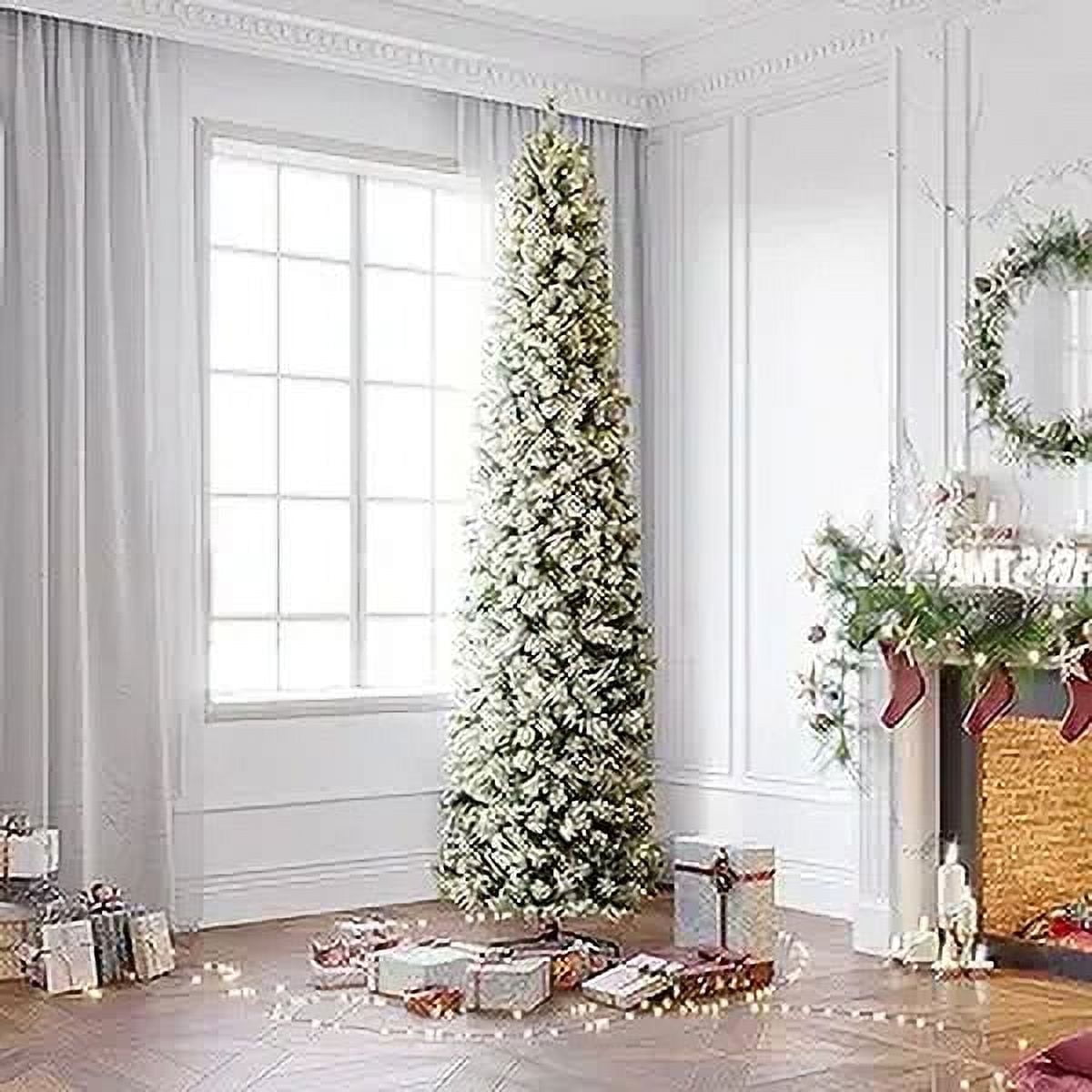 OasisCraft 9ft Pre-lit Snow Flocked Artificial Pencil Christmas Tree ...
