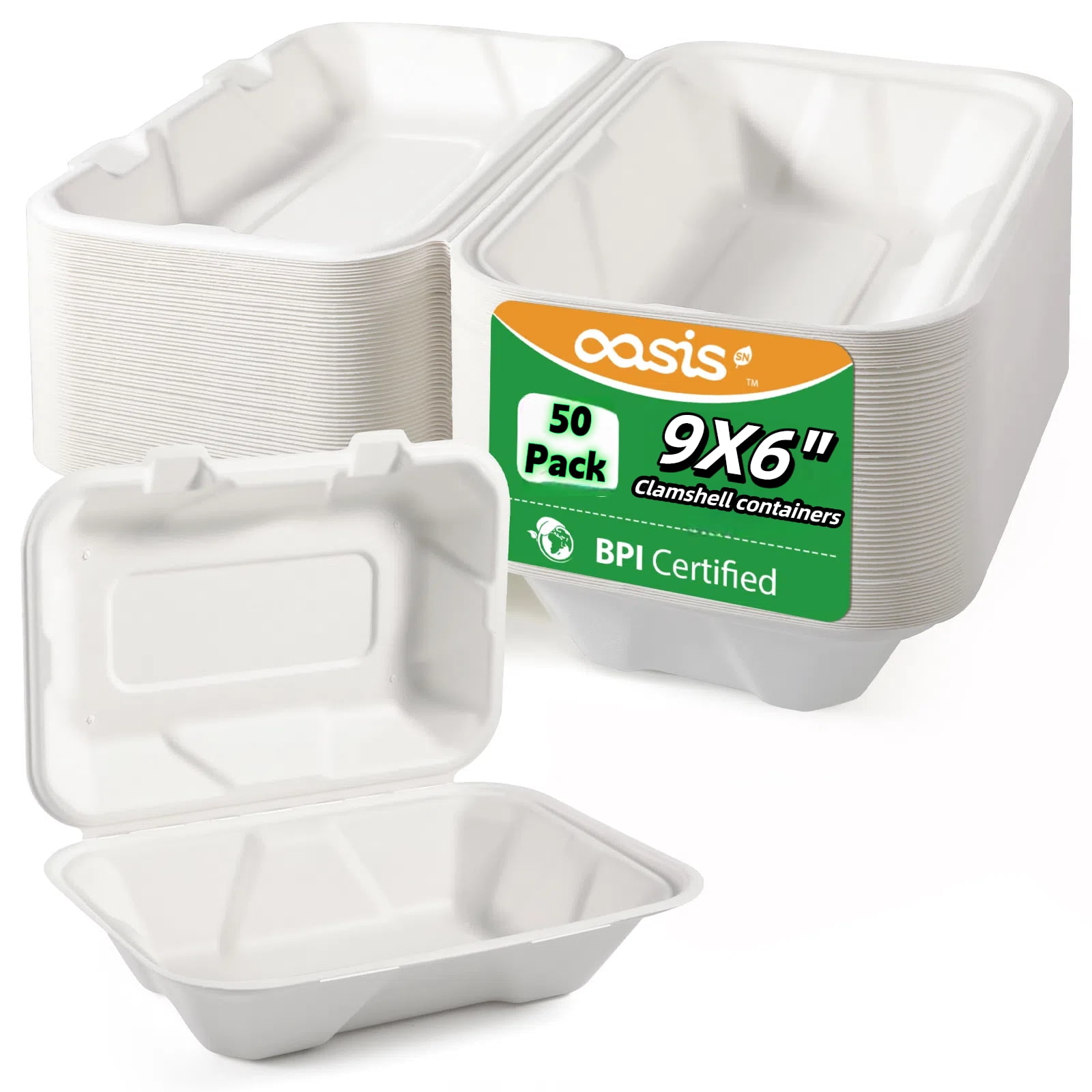 OasisSN 50 Pack Clamshell Take Out Food Containers, 100% Compostable To ...