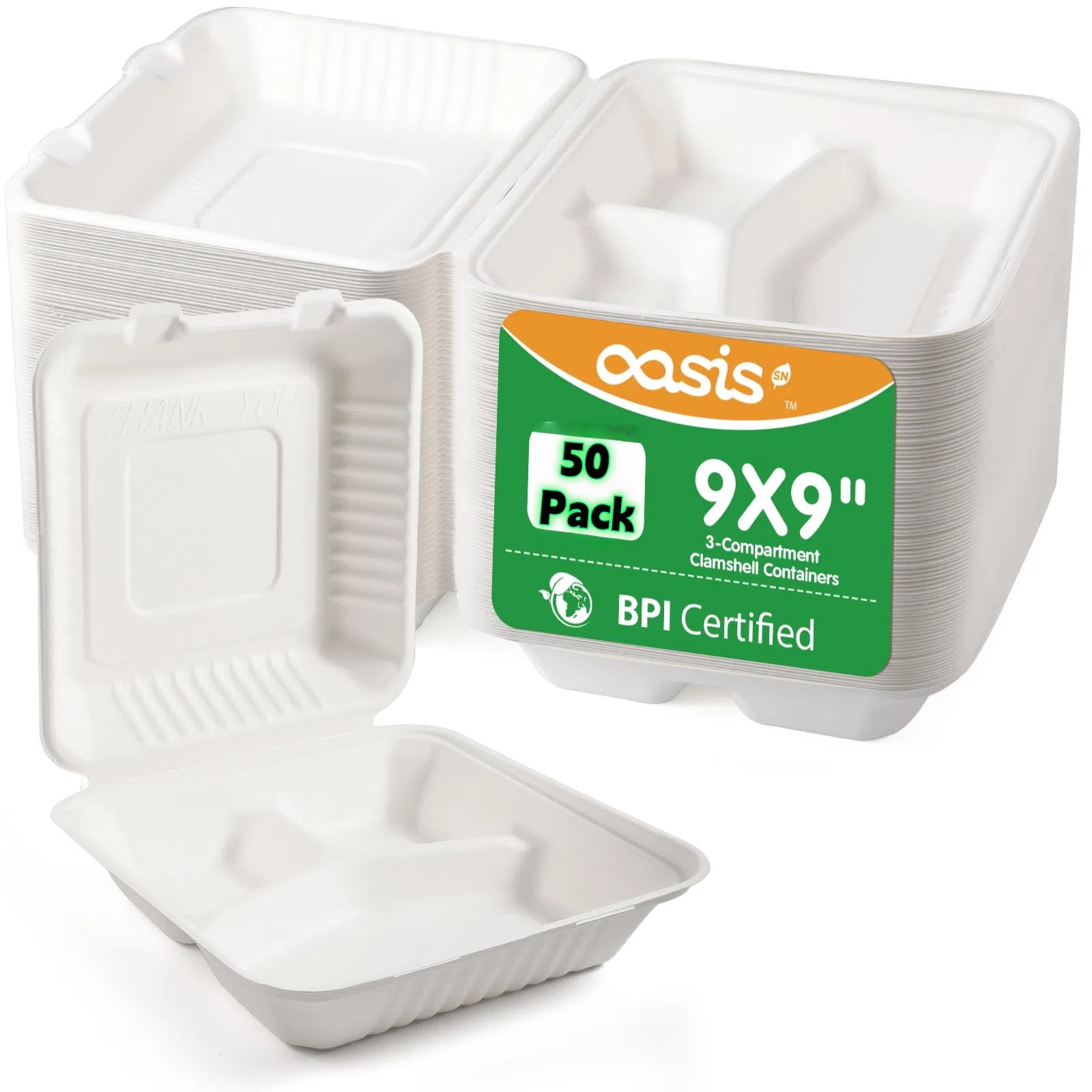OasisSN Compostable 3-Compartment Clamshell Food Containers - 9x9" 50 ...