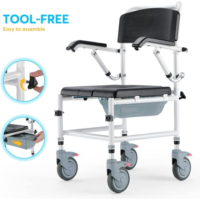 OasisSpace 300lbs Shower Commode Wheelchair - Foldable Arms, Detachable Bucket, Antirust ...