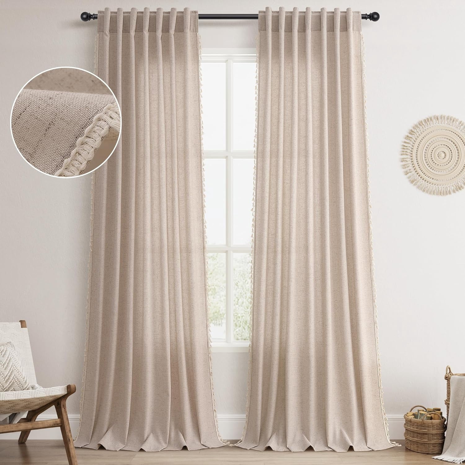 Oatmeal Beige Natural Linen Textured Curtains 96 Inches Long 2 Panels ...