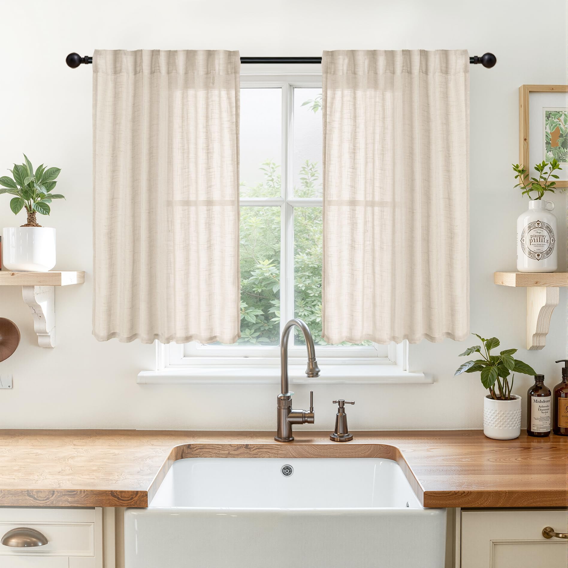 Oatmeal Linen Semi Sheer Curtains 40 Inch Length 2 Panels, Short Light ...