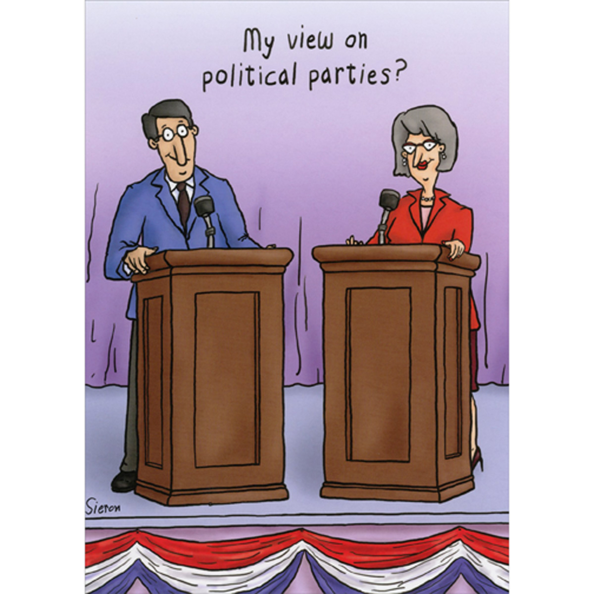 Oatmeal Studios View on Political Parties: Man and Woman at Podium ...