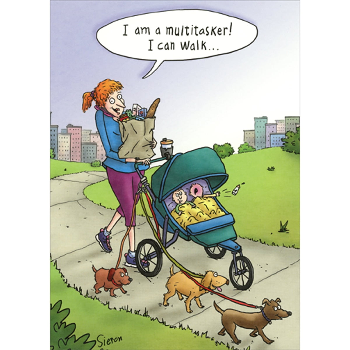 Oatmeal Studios Woman Multitasker Pushing Stroller and Walking Dogs ...
