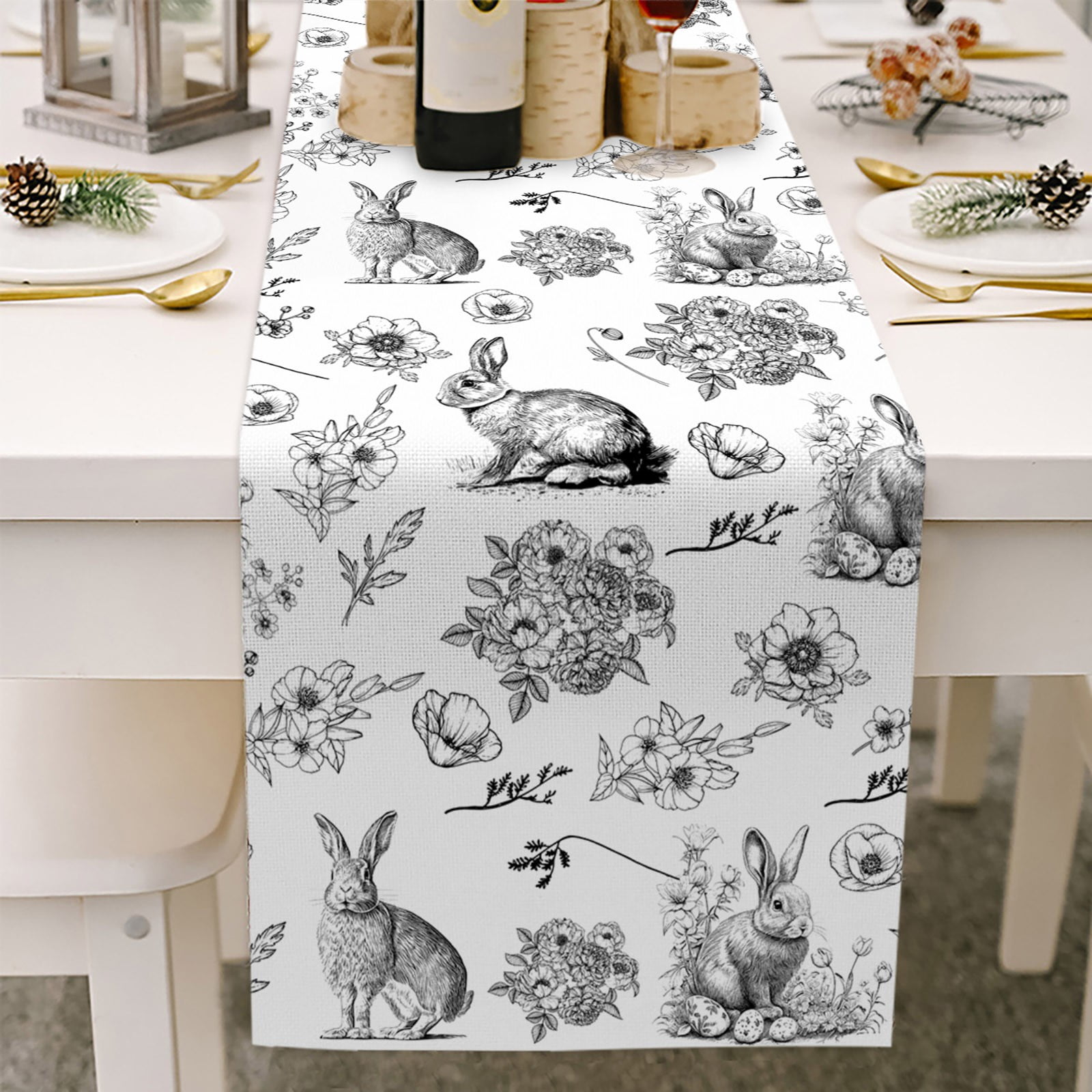 Obersheen Black and White Floral Bunny Table Runners For Rectangle ...