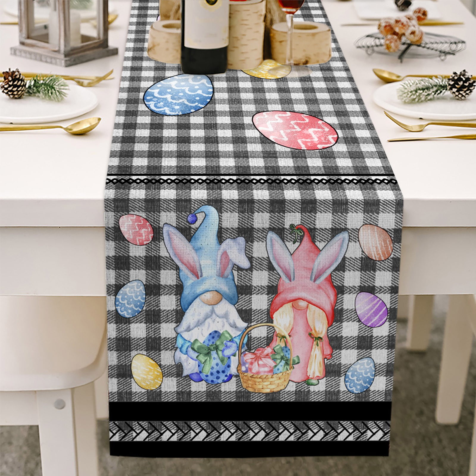 Obersheen Black and White Plaid Colorful Eggs Bunny Table Runners For Rectangle Tablecloth ...