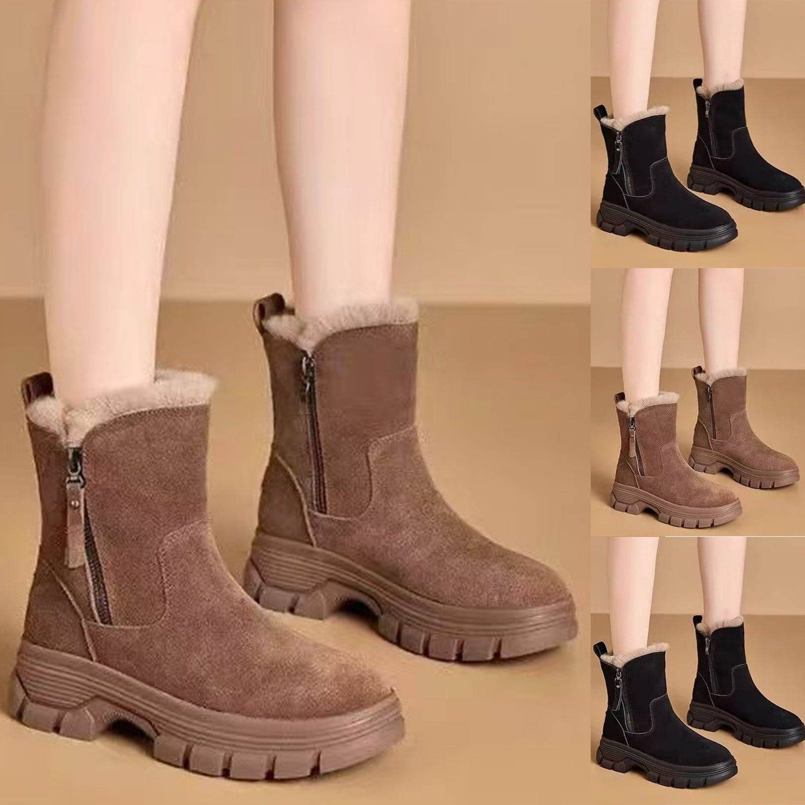 Obersheen Women Fur Lined Ankle Boots Sherpa Thermal Flat Shoes Winter ...