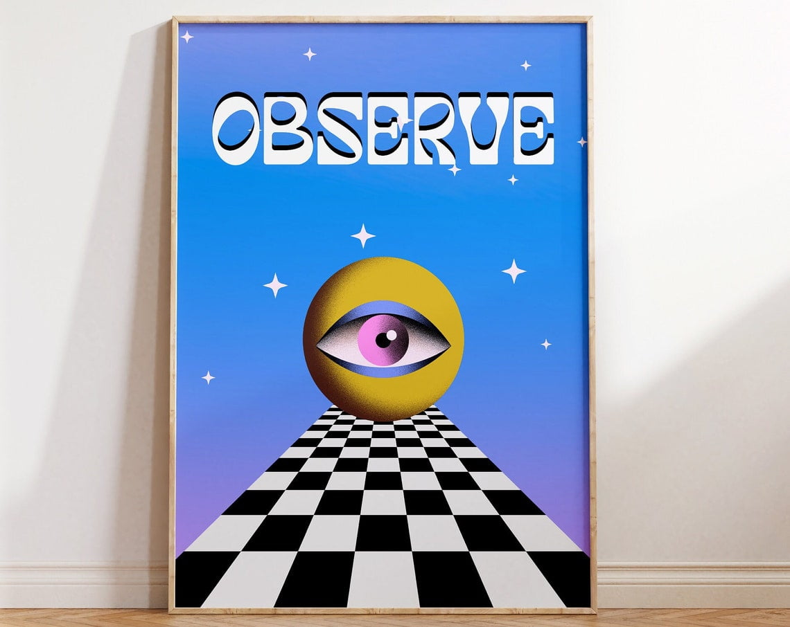 Observe Eye Trippy Print - Checkerboard 90S Poster, All Seeing Eye ...