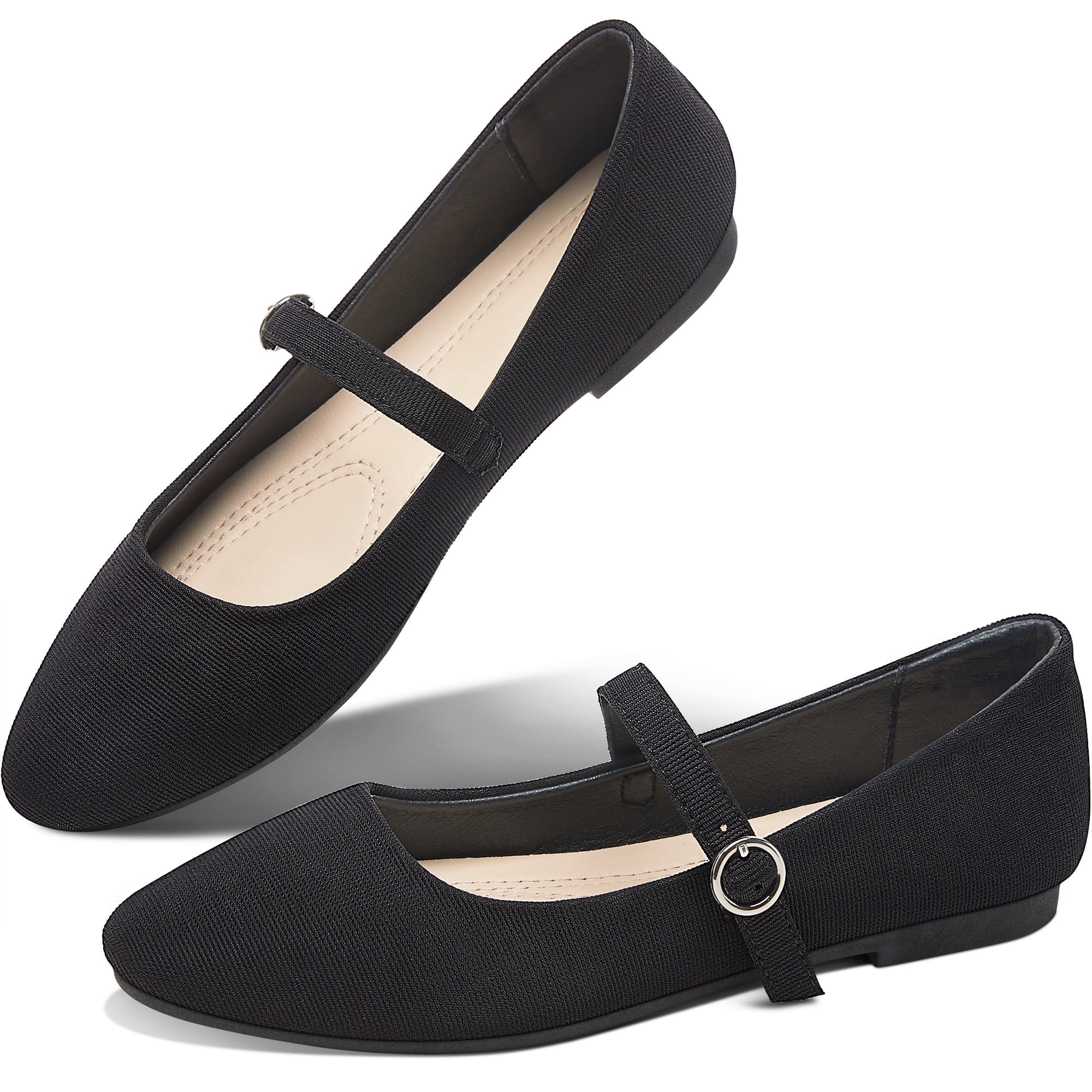 Mary Jane Flat Shoes Round Toe Ballet Flats for Women Dressy Fabric ...