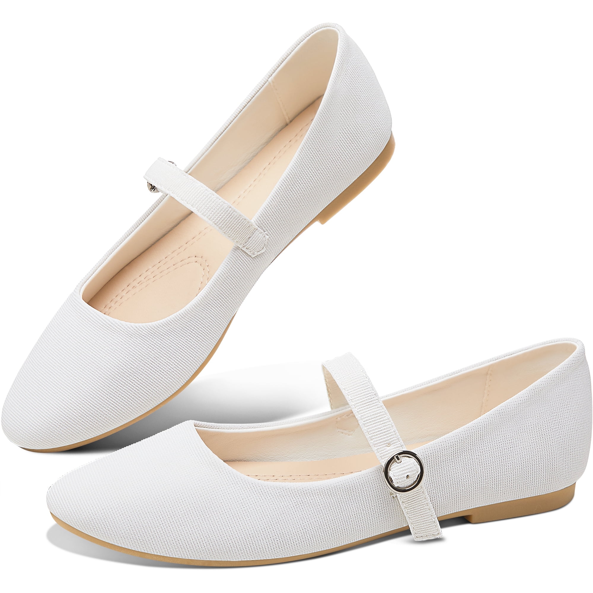 Mary Jane Flat Shoes Round Toe Ballet Flats for Women Dressy Fabric ...