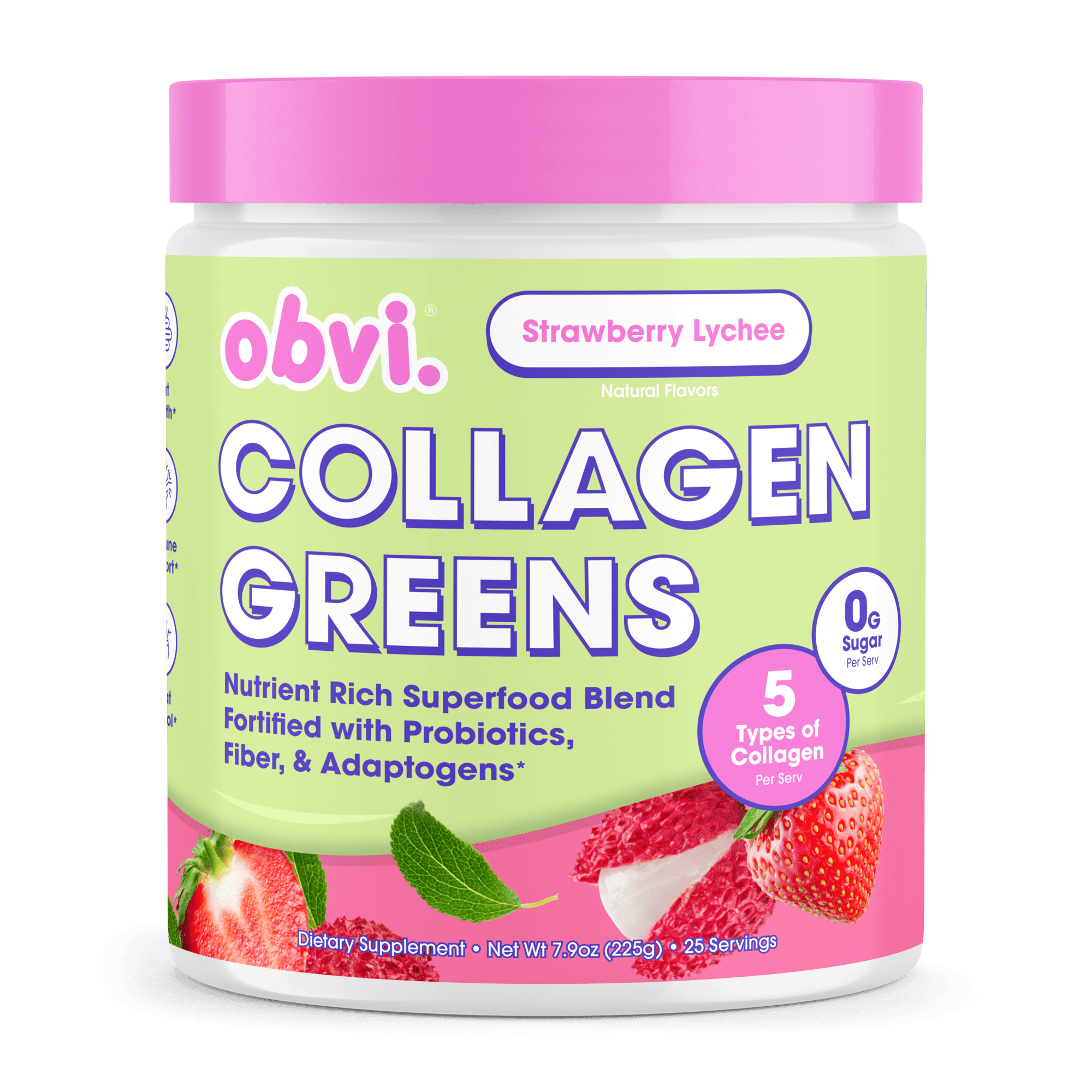 Obvi Collagen Greens - Strawberry Lychee, 5 Types of Collagen, Organic ...