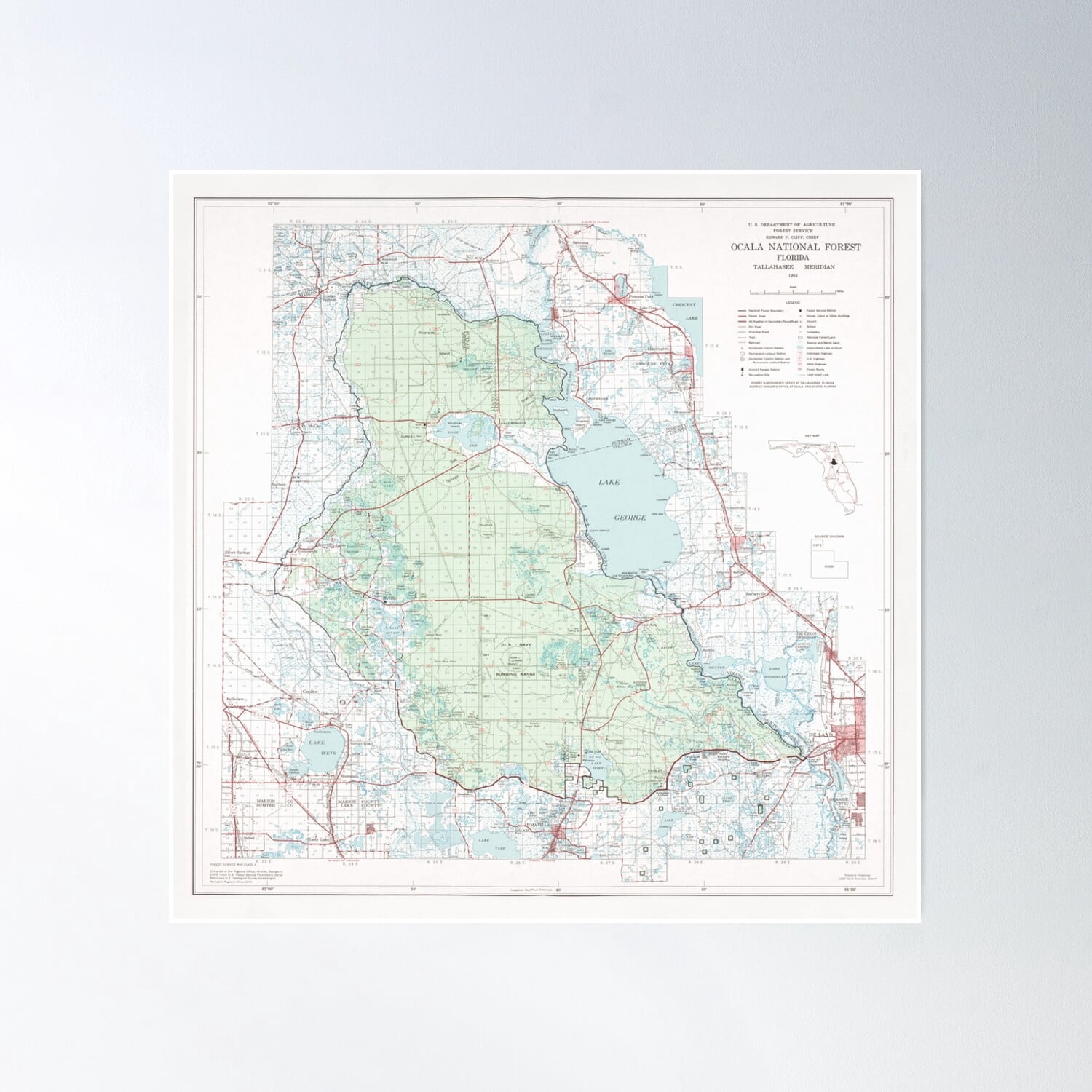 Ocala National Forest Map (1971) Florida Woodland Reserve Atlas Poster ...