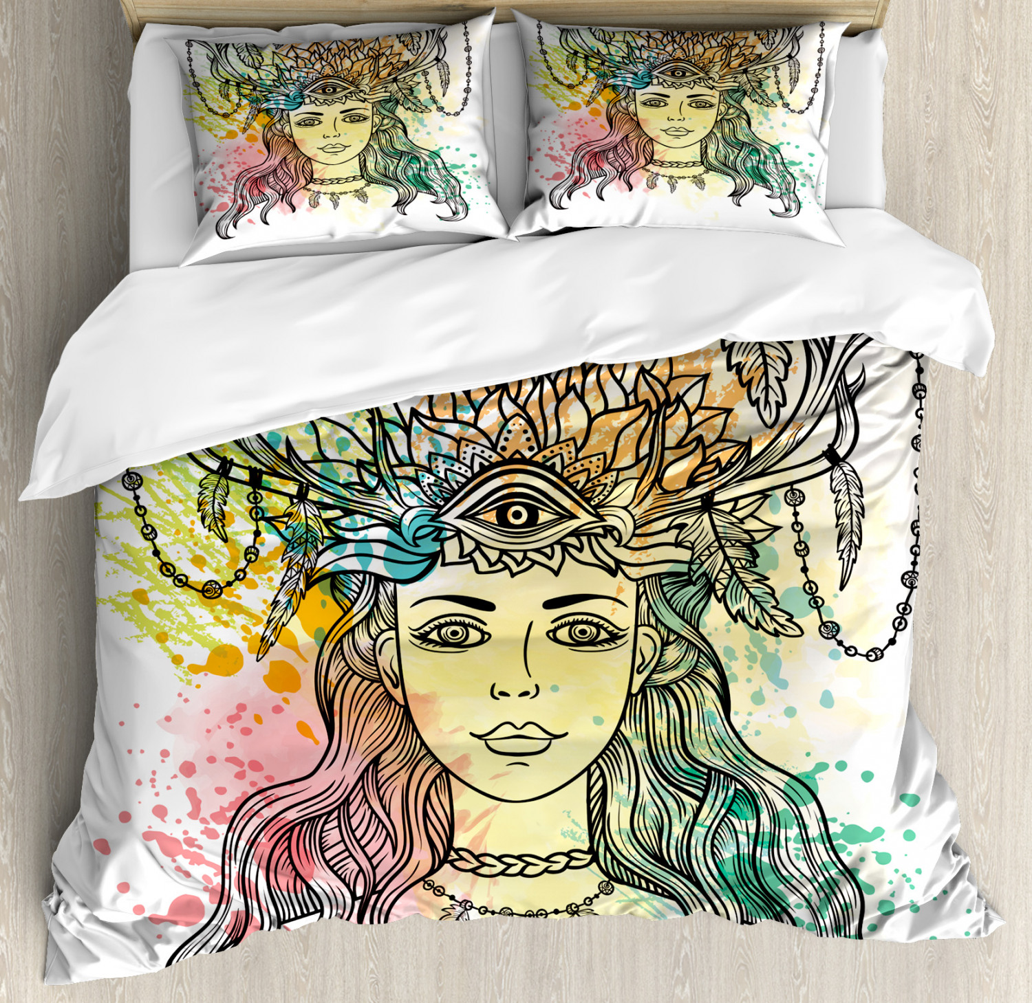 Occult Decor Queen Size Duvet Cover Set, Female Shaman with Third Eye ...
