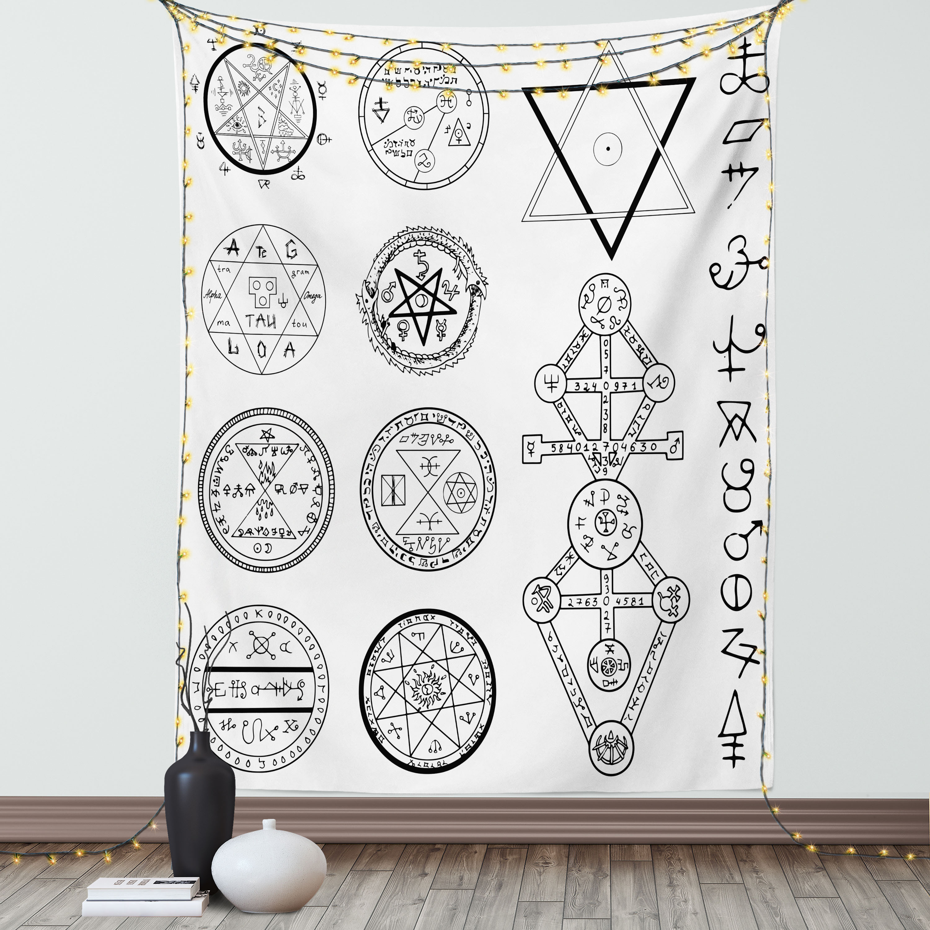 Occult Decor Tapestry, Spiritual Set with Circular Pentagram Icons ...