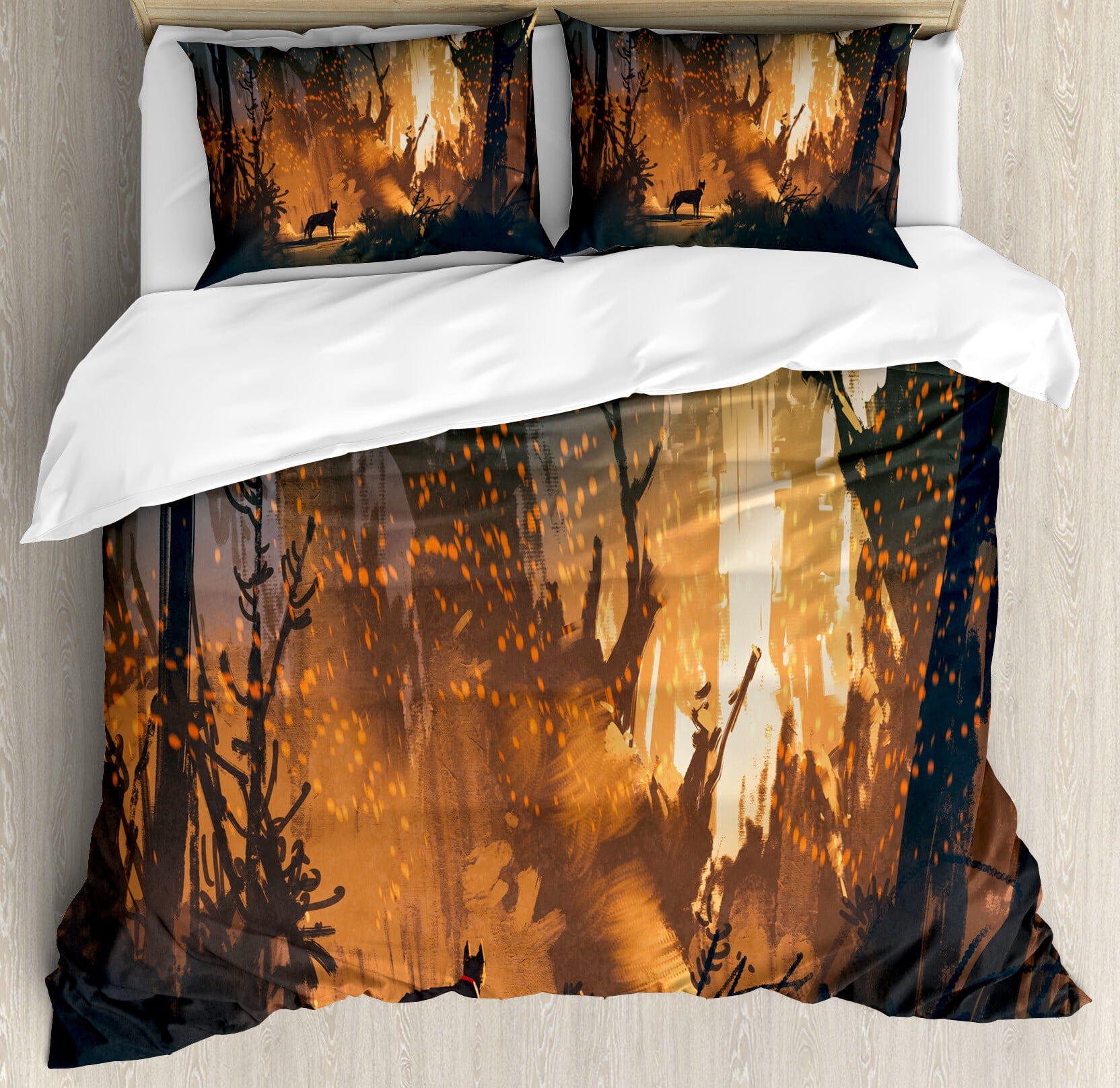 Occult Duvet Cover Set, Lost Dog in Forest Theme over Trees Adventure ...