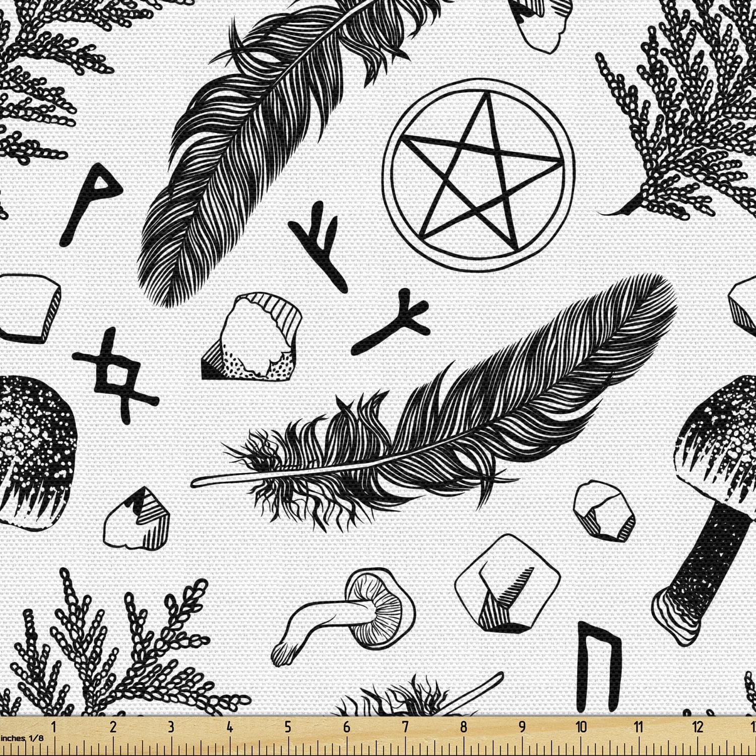 Occult Fabric by the Yard, Monochromatic Elements Composition Feather ...