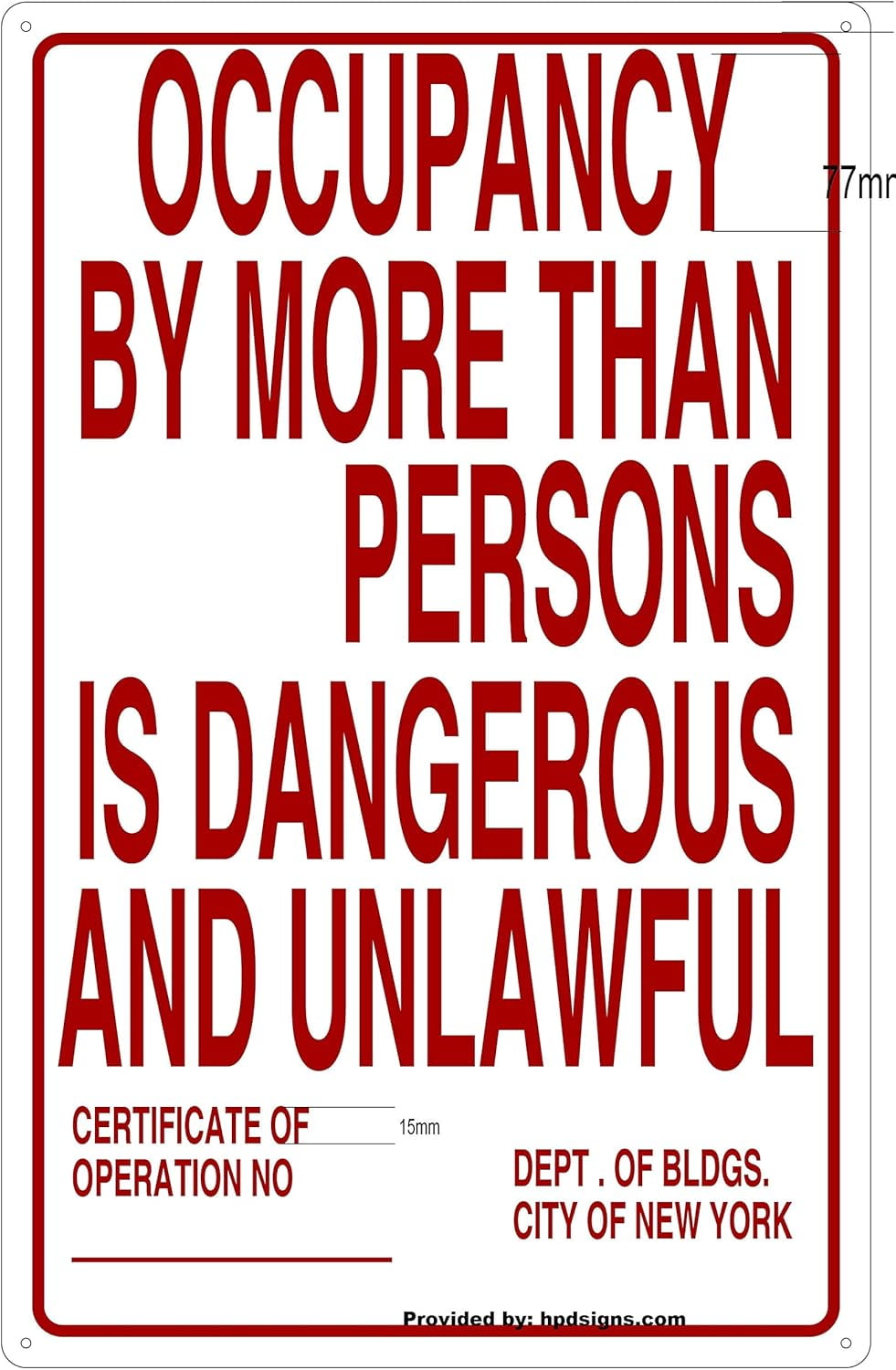 Occupancy Sign NYC (Aluminium) 14 x 22 - Walmart.com